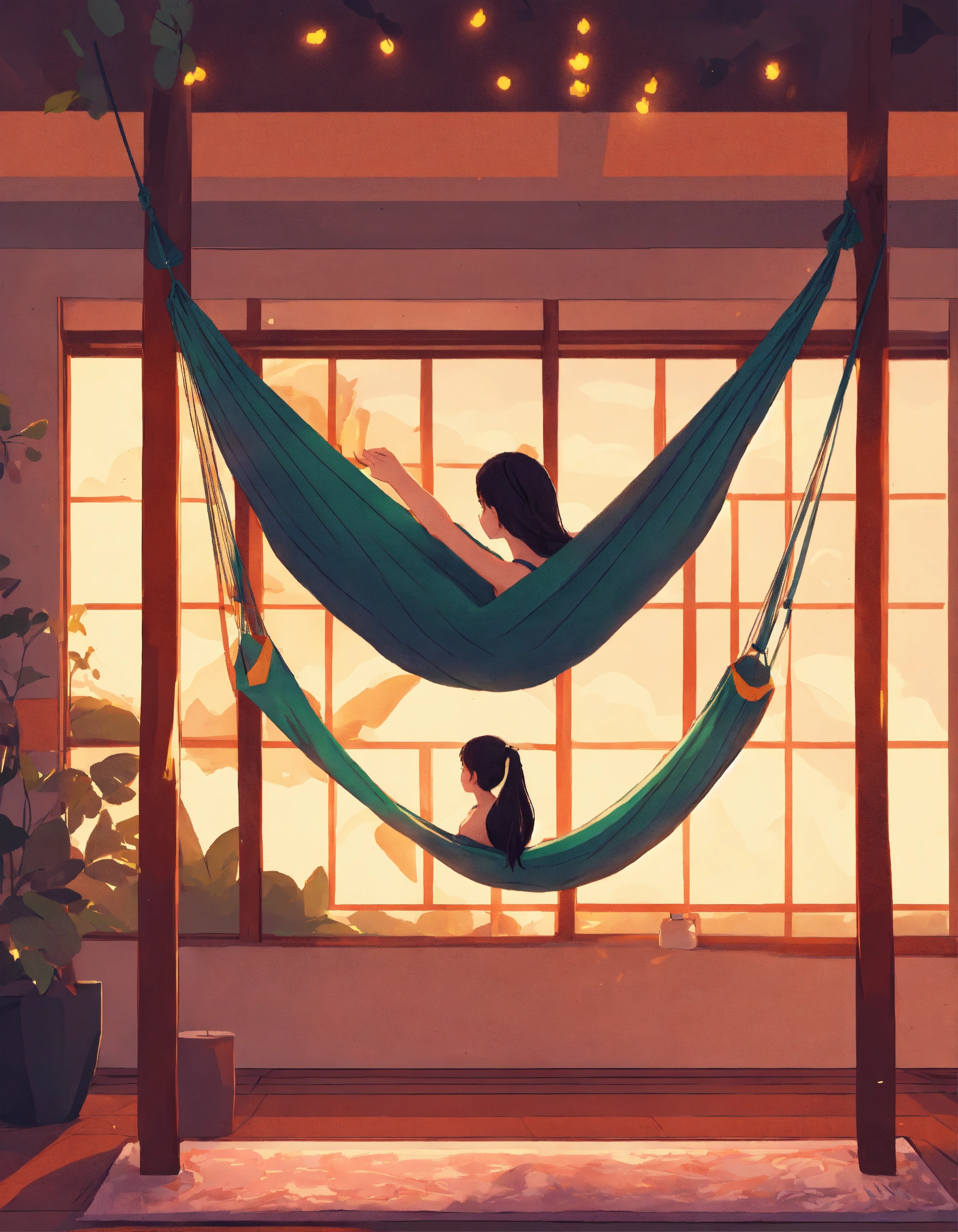 Lexica - A GIRL DOING AERIAL YOGA IN A HAMMOCK ANIMATION