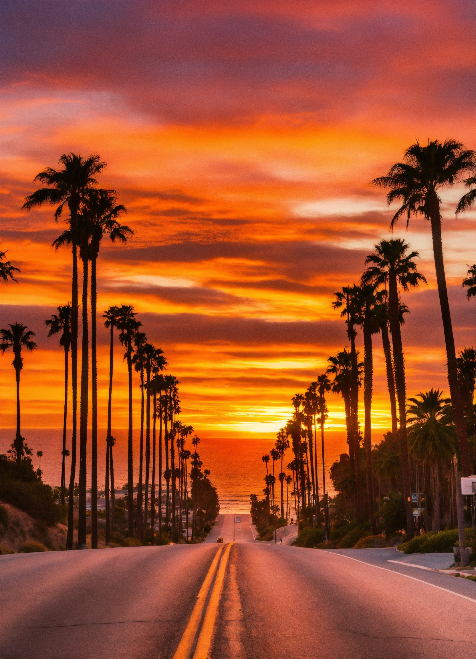 Lexica - Sunset in California with a road lined with palm trees and the ...