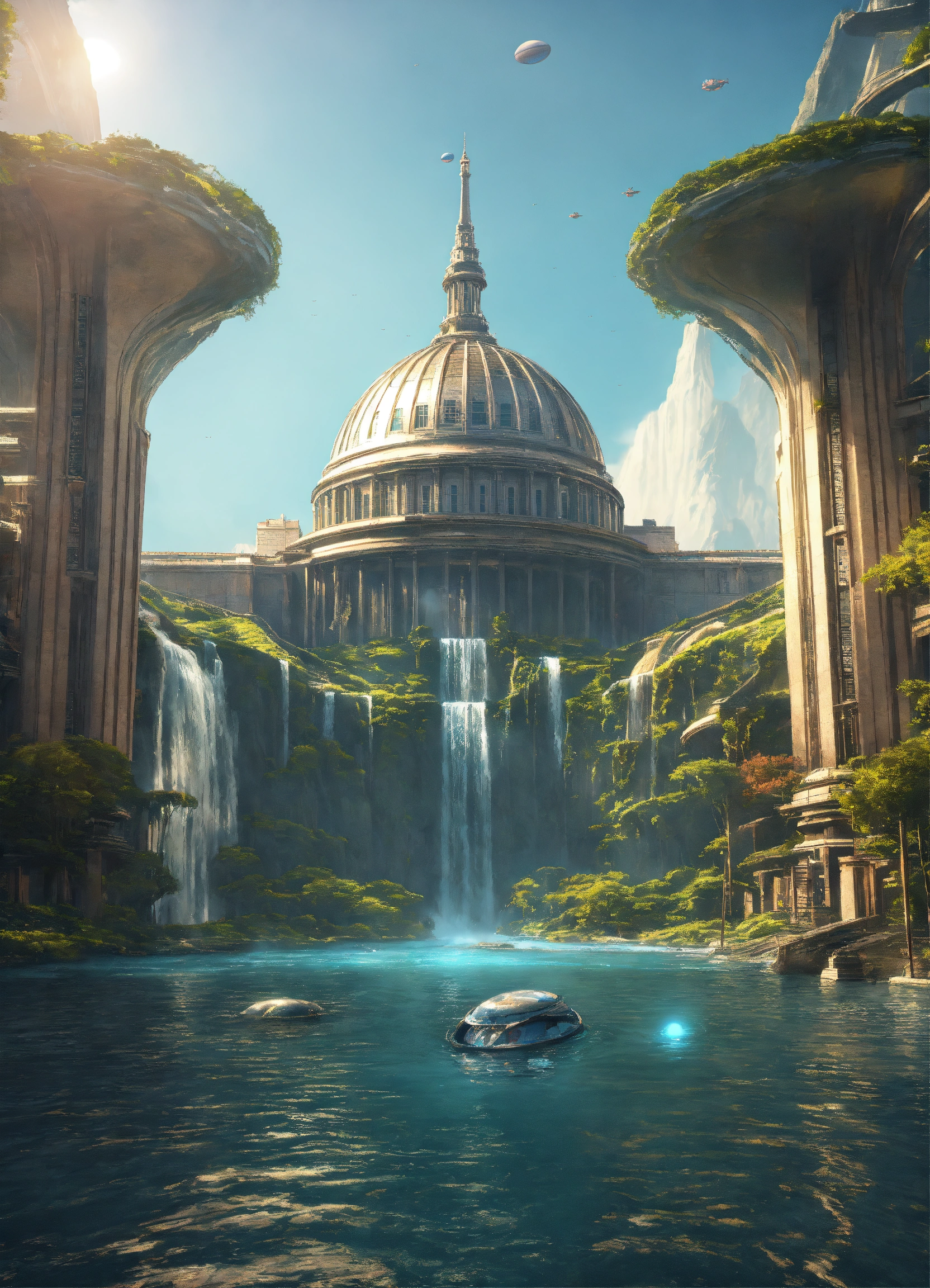 Lexica - Alien water planet, waterfalls, futuristic city landscape ...