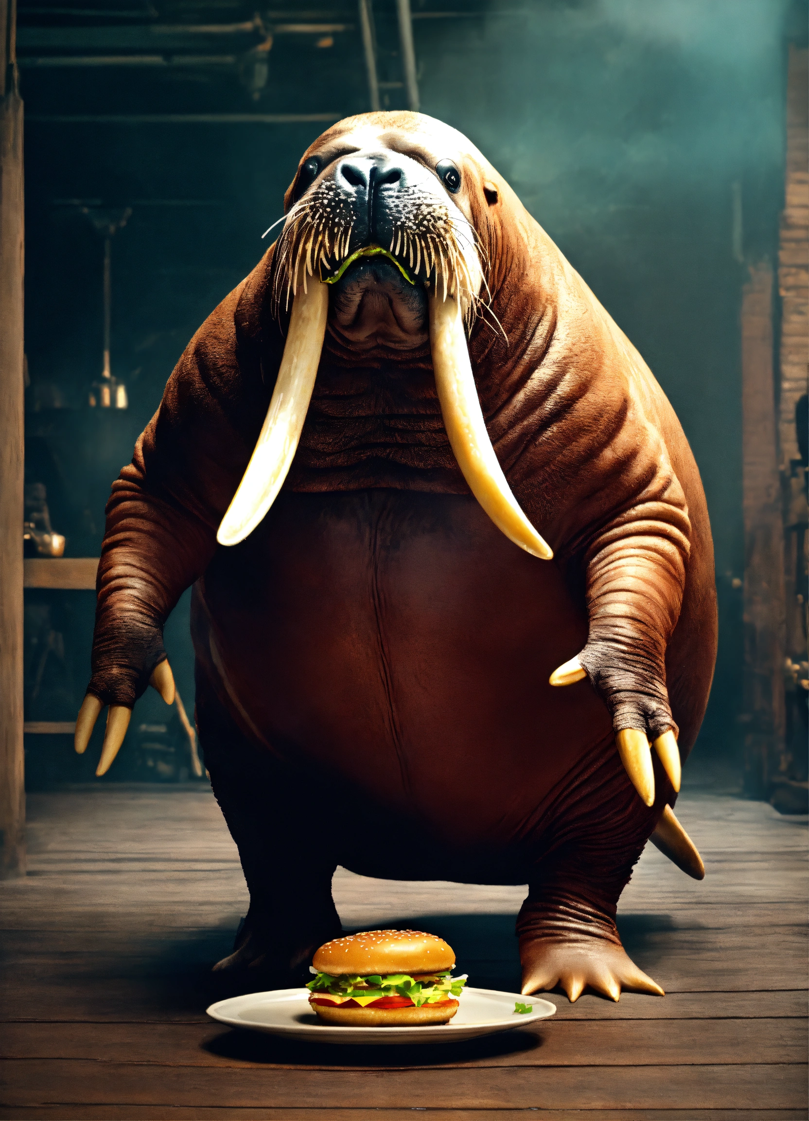 Lexica - A walrus standing on 2 legs, eating hamburger, motion capture, 8k