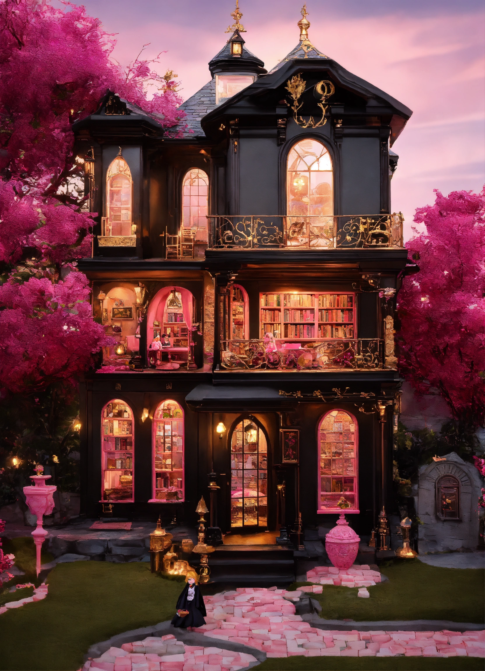 Lexica - Barbie dolls witch house with a pink library with a spell book ...