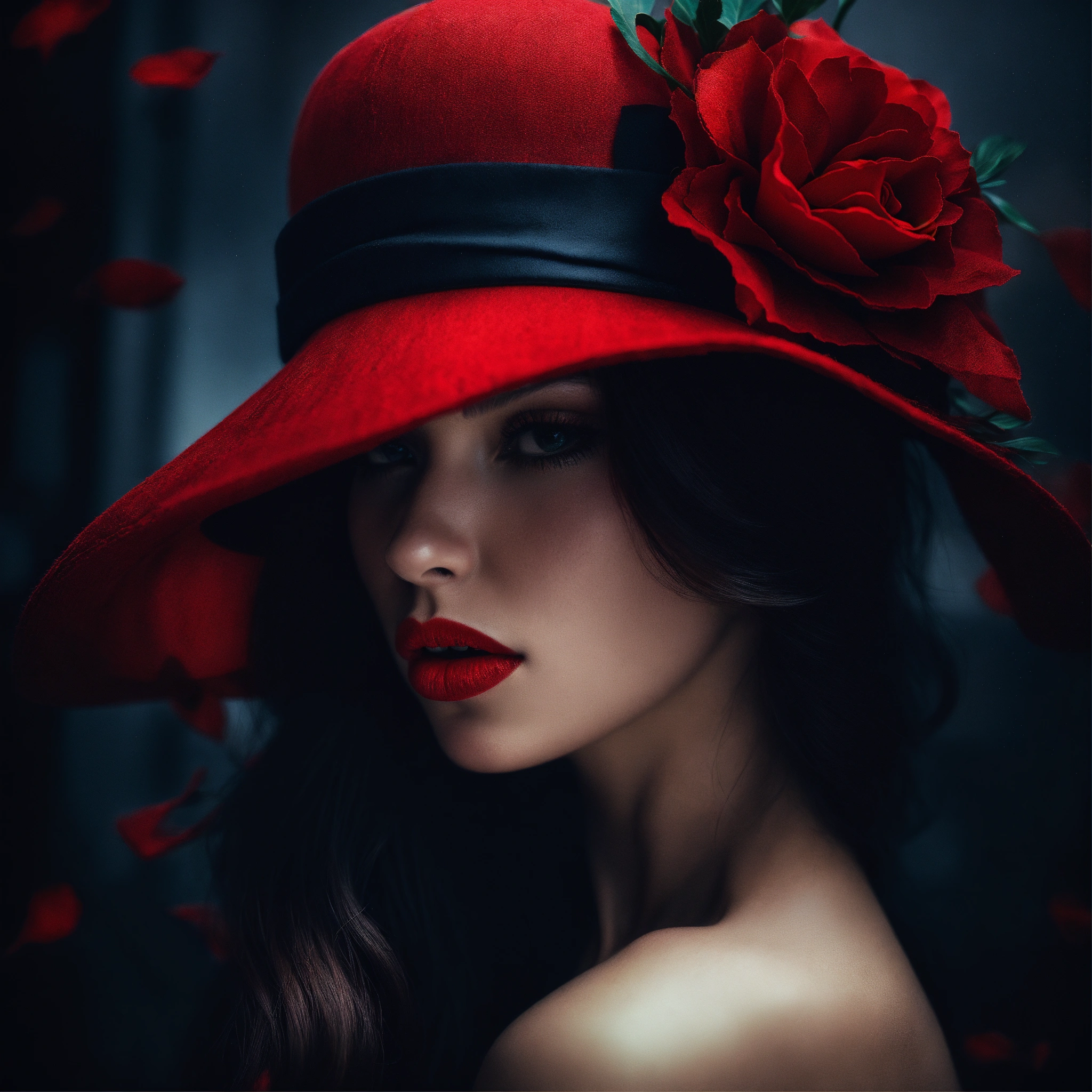 Lexica - Close-up of a woman wearing a red hat, photograph on a dark ...