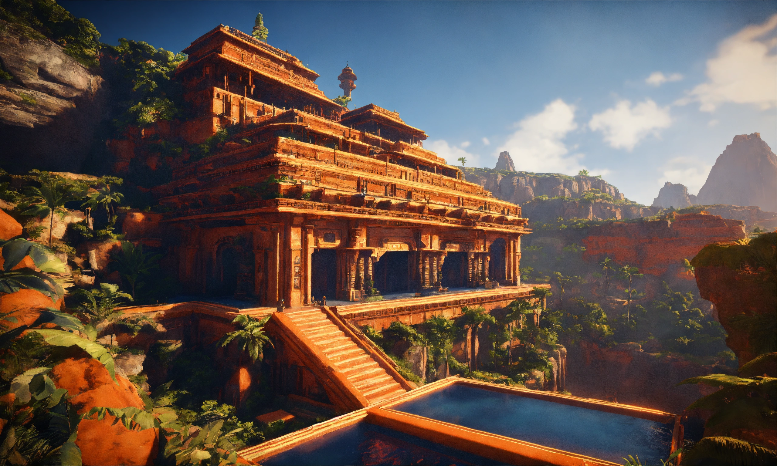 Lexica - Full image of a massive orange Aztec sci fi palace with a navy ...