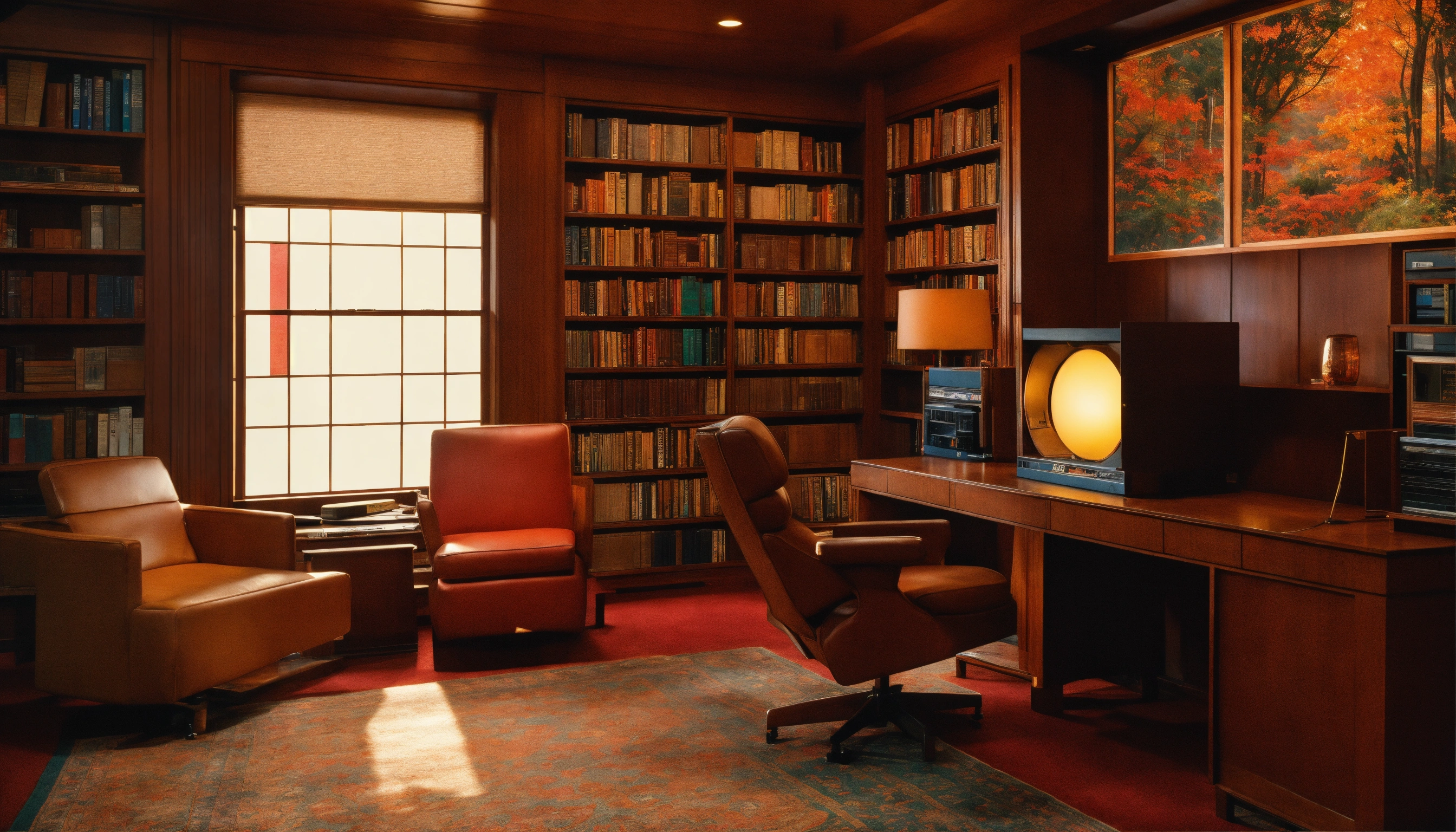 Lexica - 80's style computer in a frank lloyd wright style home library ...