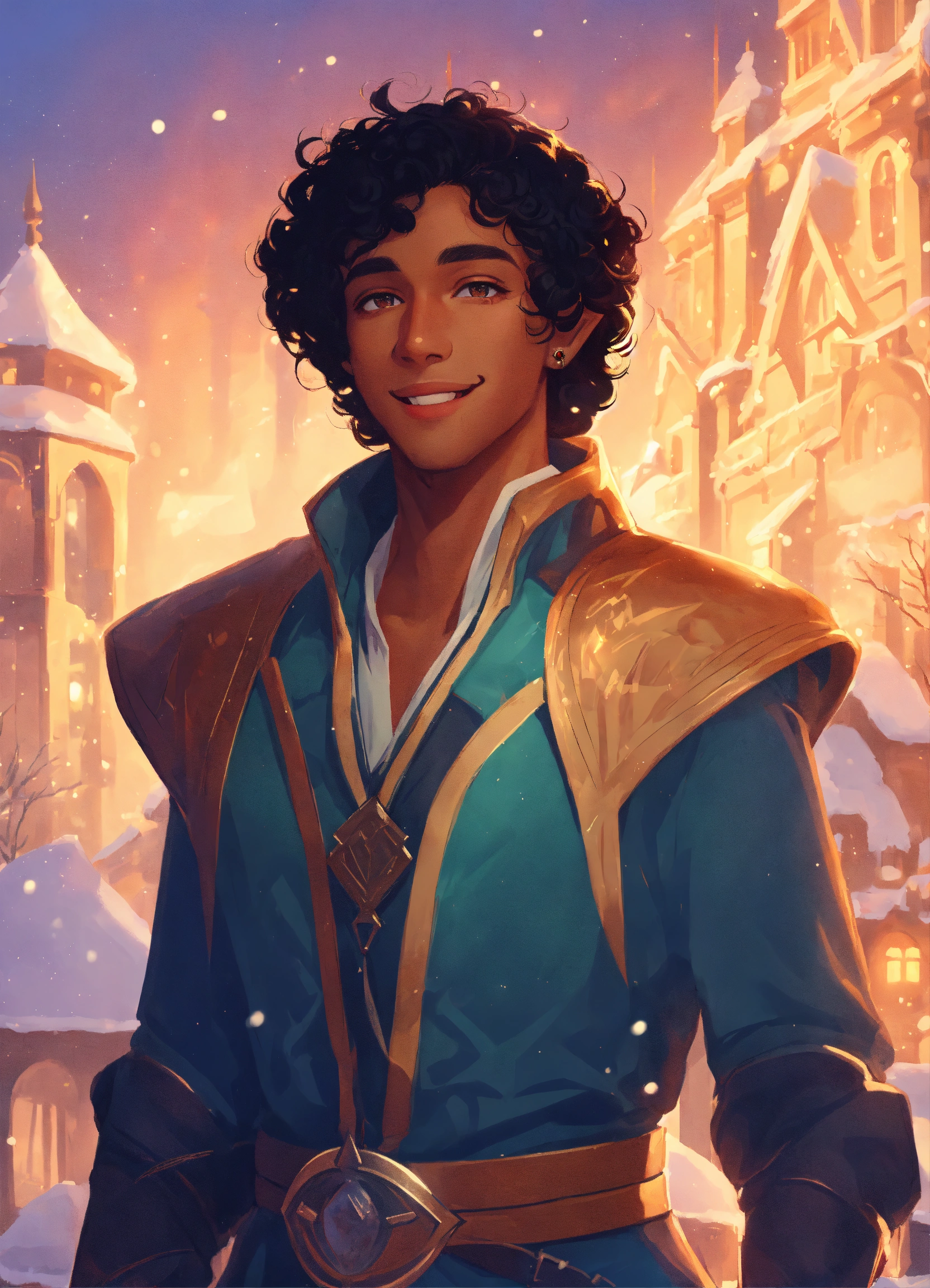 Lexica - 25 year old elf man, curly black hair, tan skin, hazel eyes ...