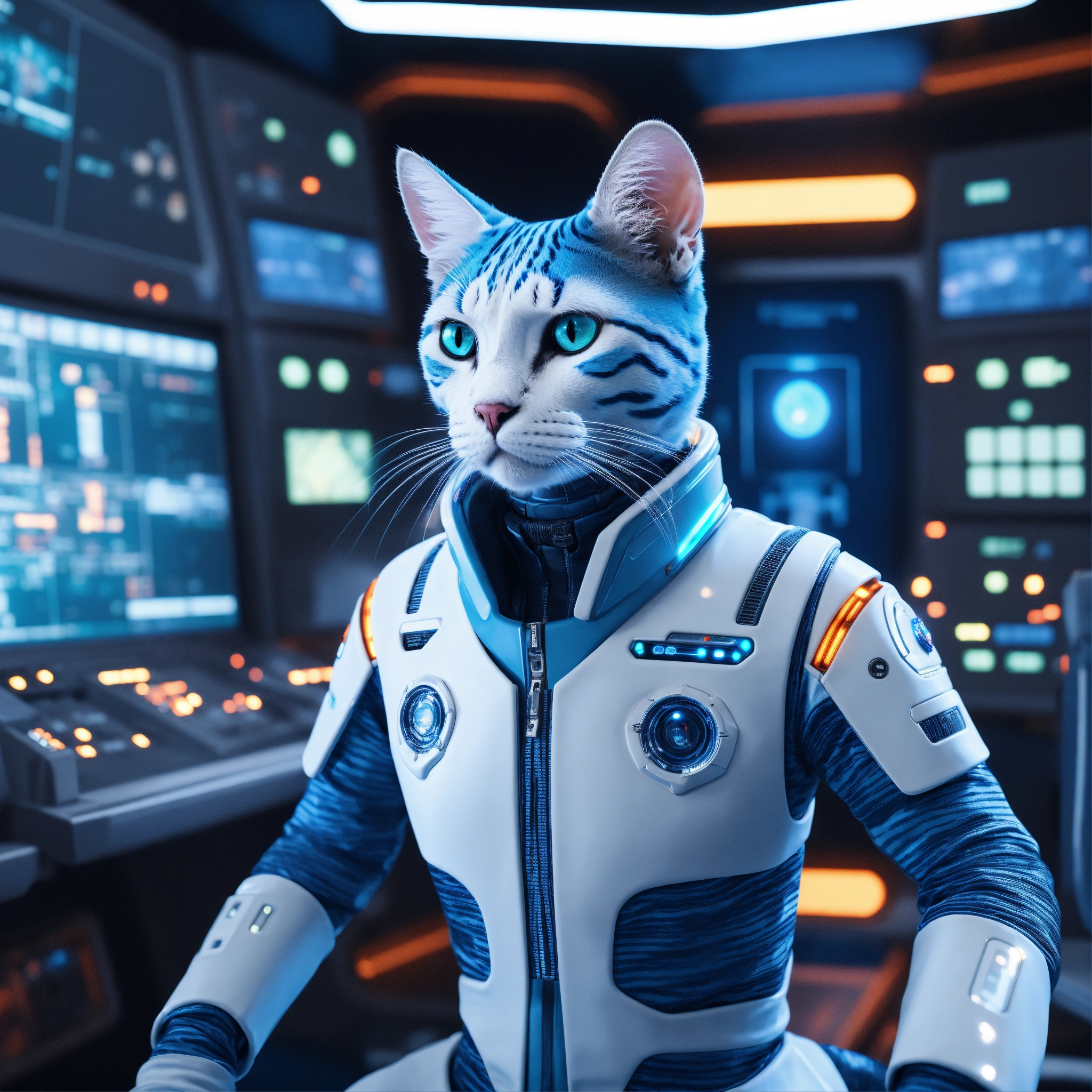 Lexica - Zoom out from a sophisticated blue striped cat faced humanoid ...