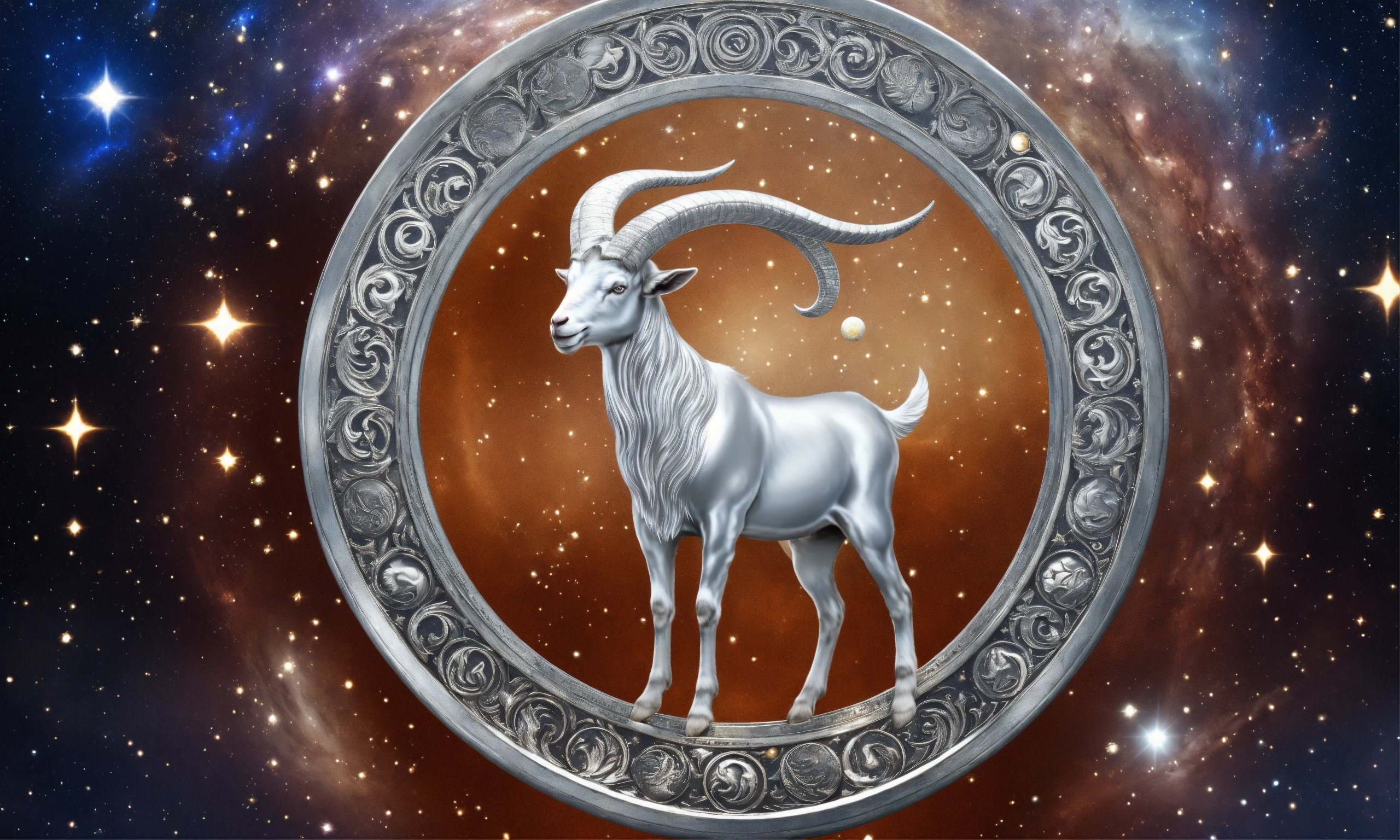 Lexica - Silver goat, zodiac sign, white, silver, universe background ...
