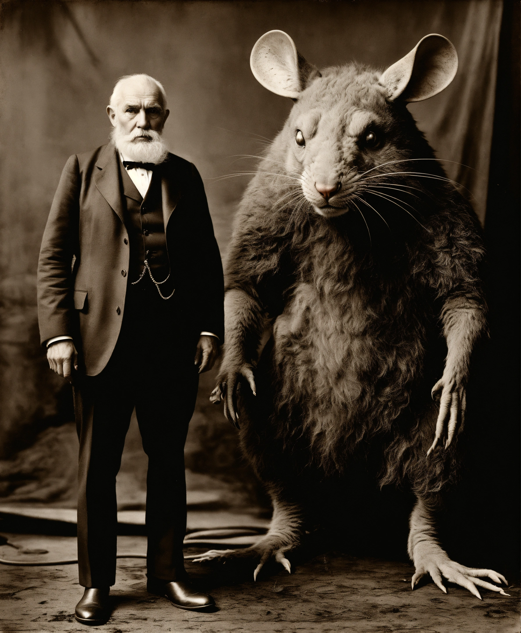 Lexica - Old man standing next to a giant mouse monster, in the style ...