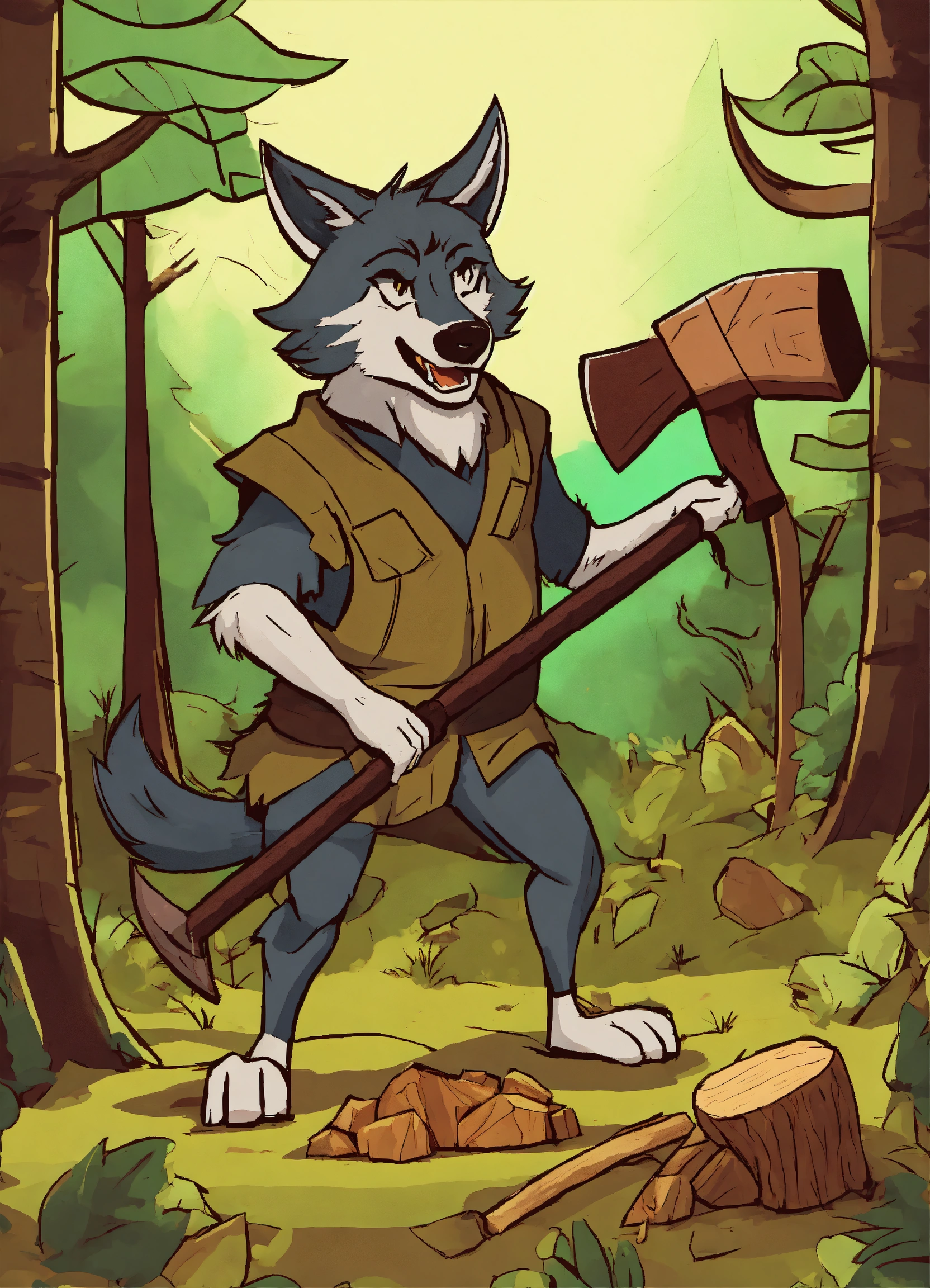 Lexica - A wolf chopping wood with an axe in the forest, cartooney style