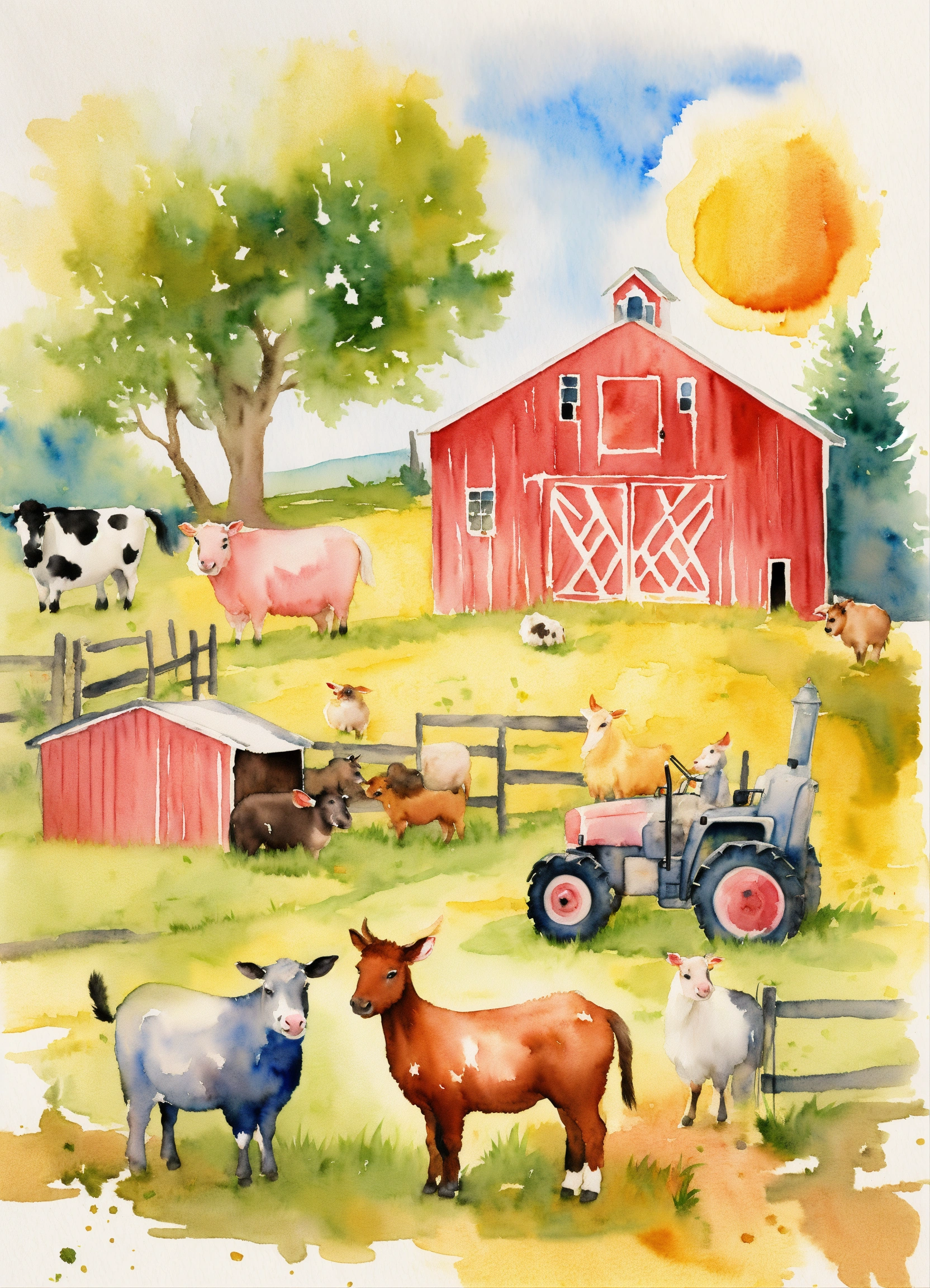 Lexica - A colorful watercolor illustration of farm animals for kids wall.