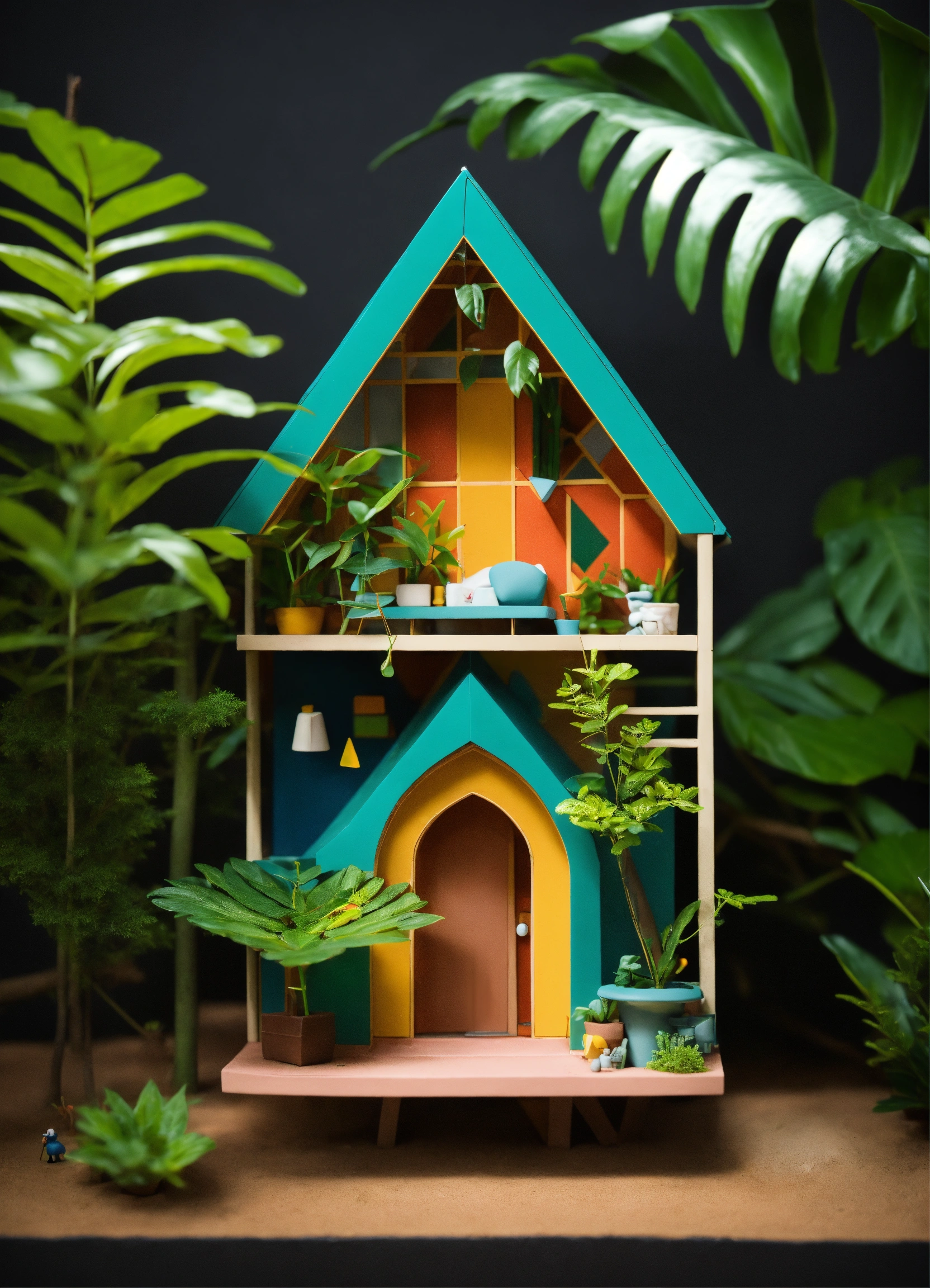 Lexica - Geometric miniature and cartoon house with jungle style