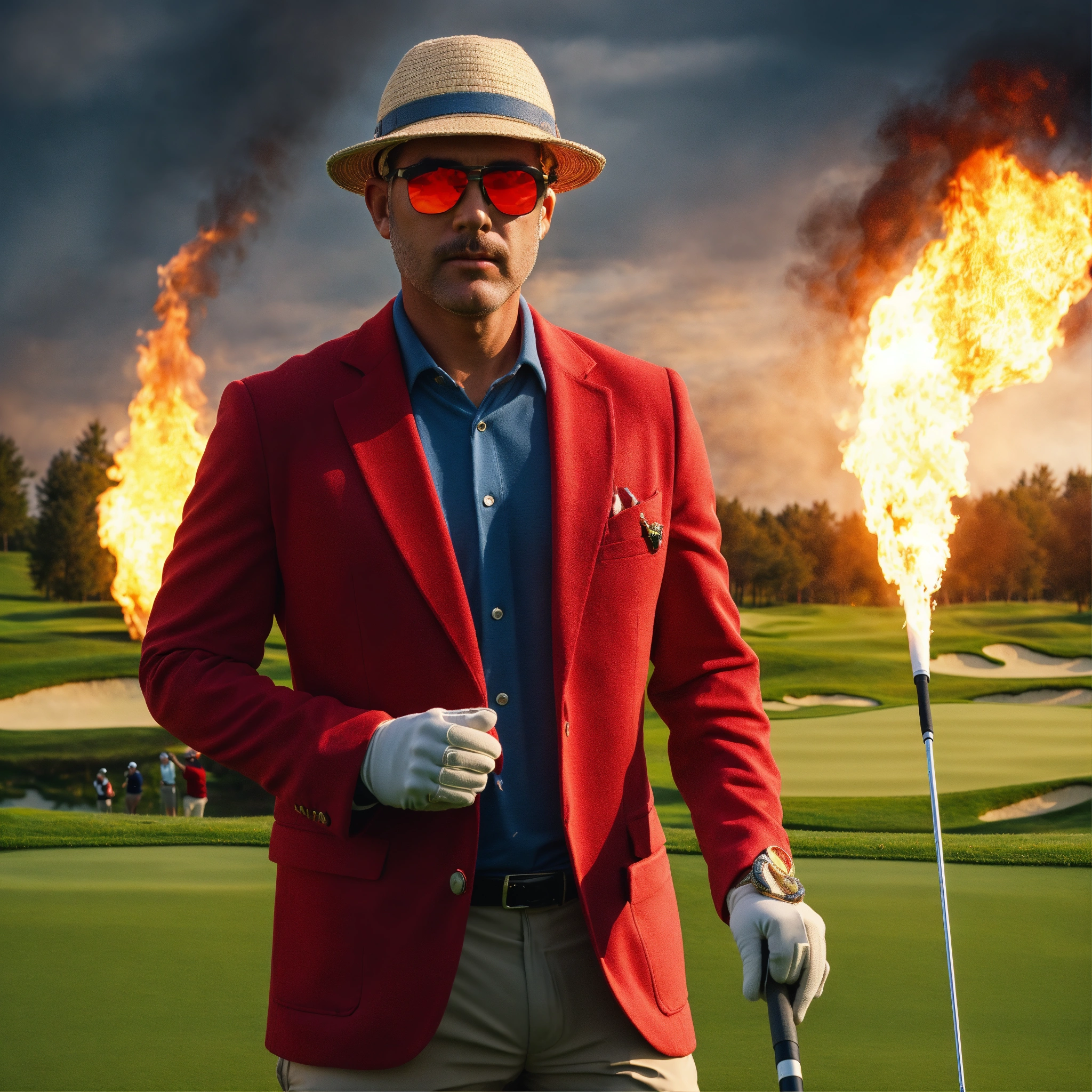 Lexica - 4k hd ultra realistic man red blazer, sunglasses. golf club on ...