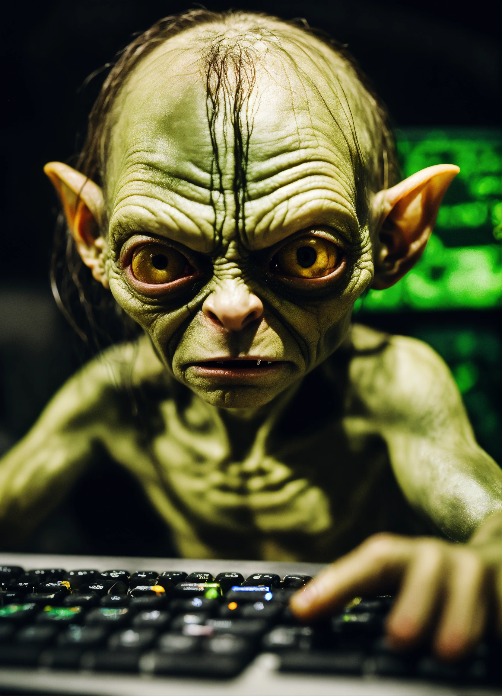 Lexica - A argentic photograph of Gollum doing Web development and ...