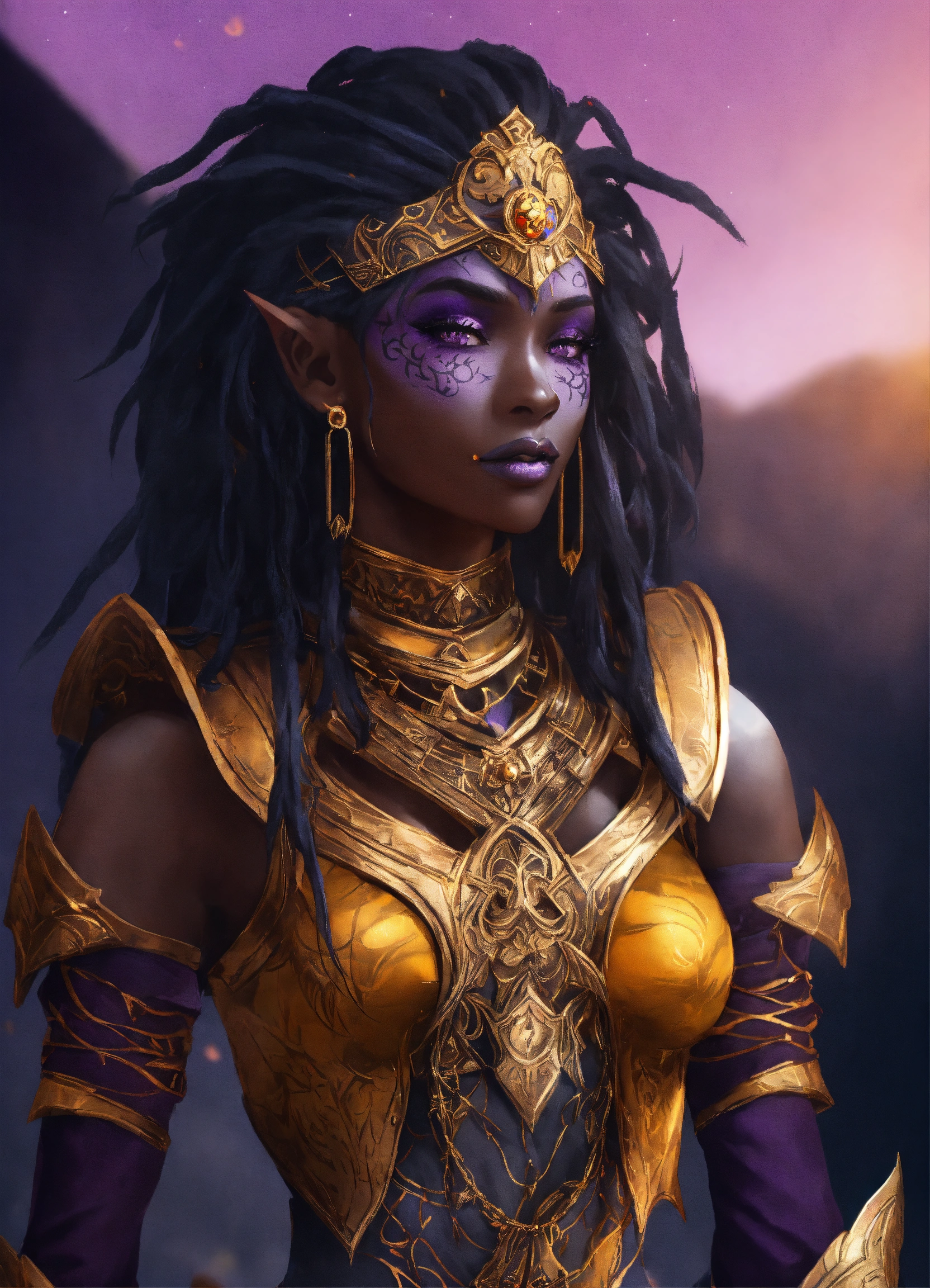 Lexica - A beautiful drow woman in sun themed armor. she has black dreadlocks and dark gray skin ...