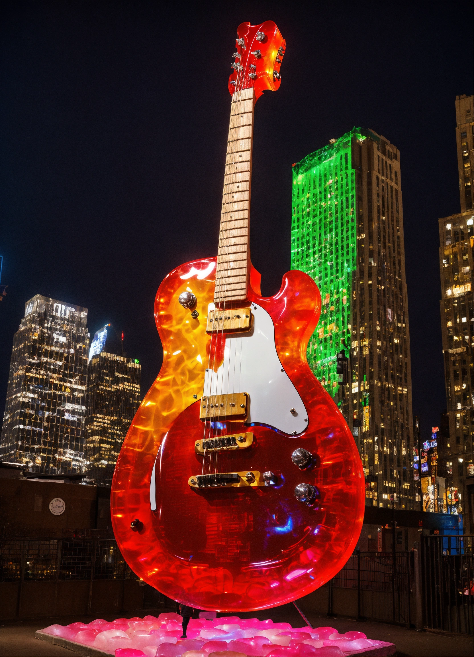 Lexica - A giant gummy guitar, 4 stories tall, walking through new york ...