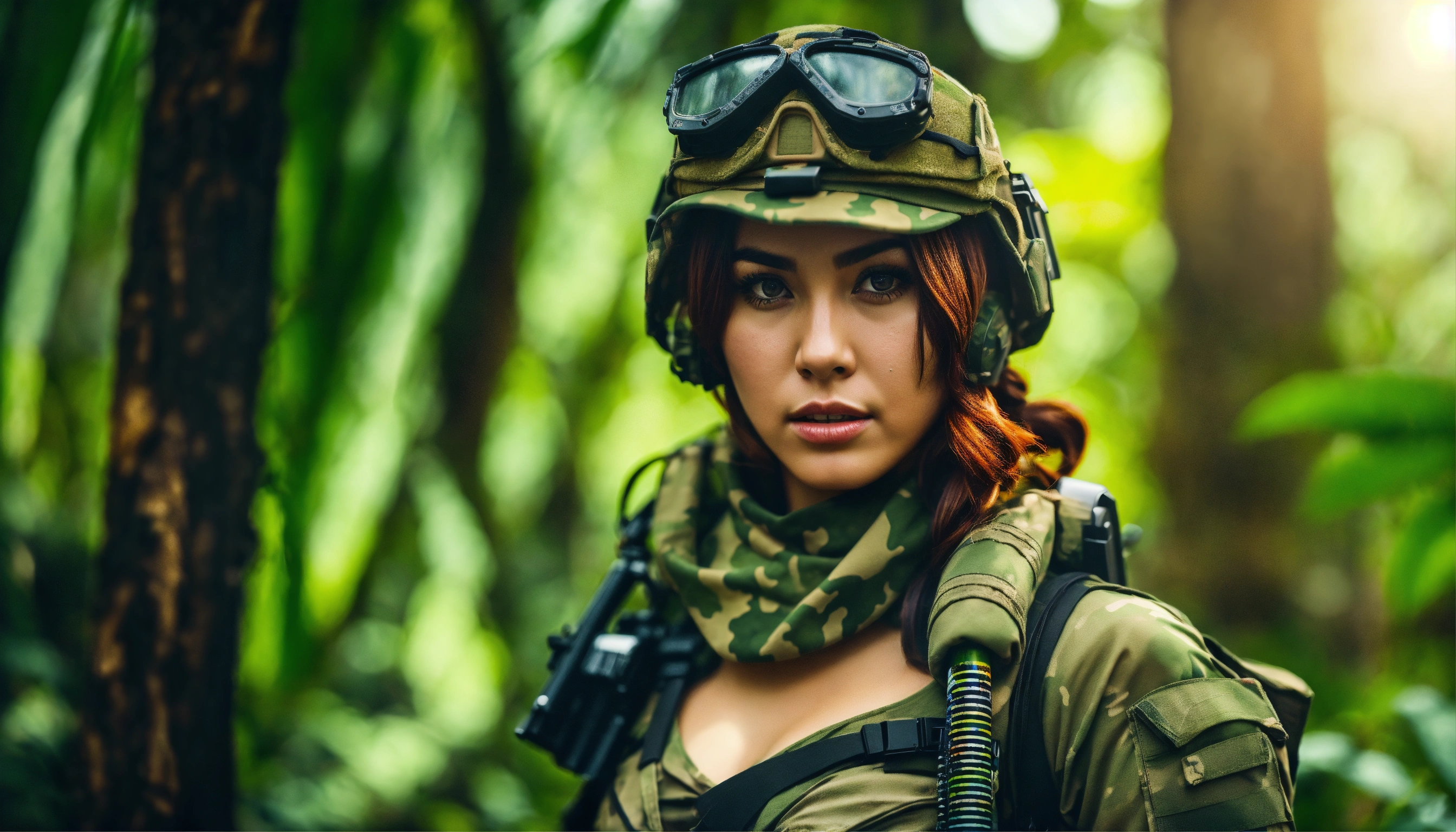 Lexica - Female commandos cosplay in jungle, perfect face, full ...