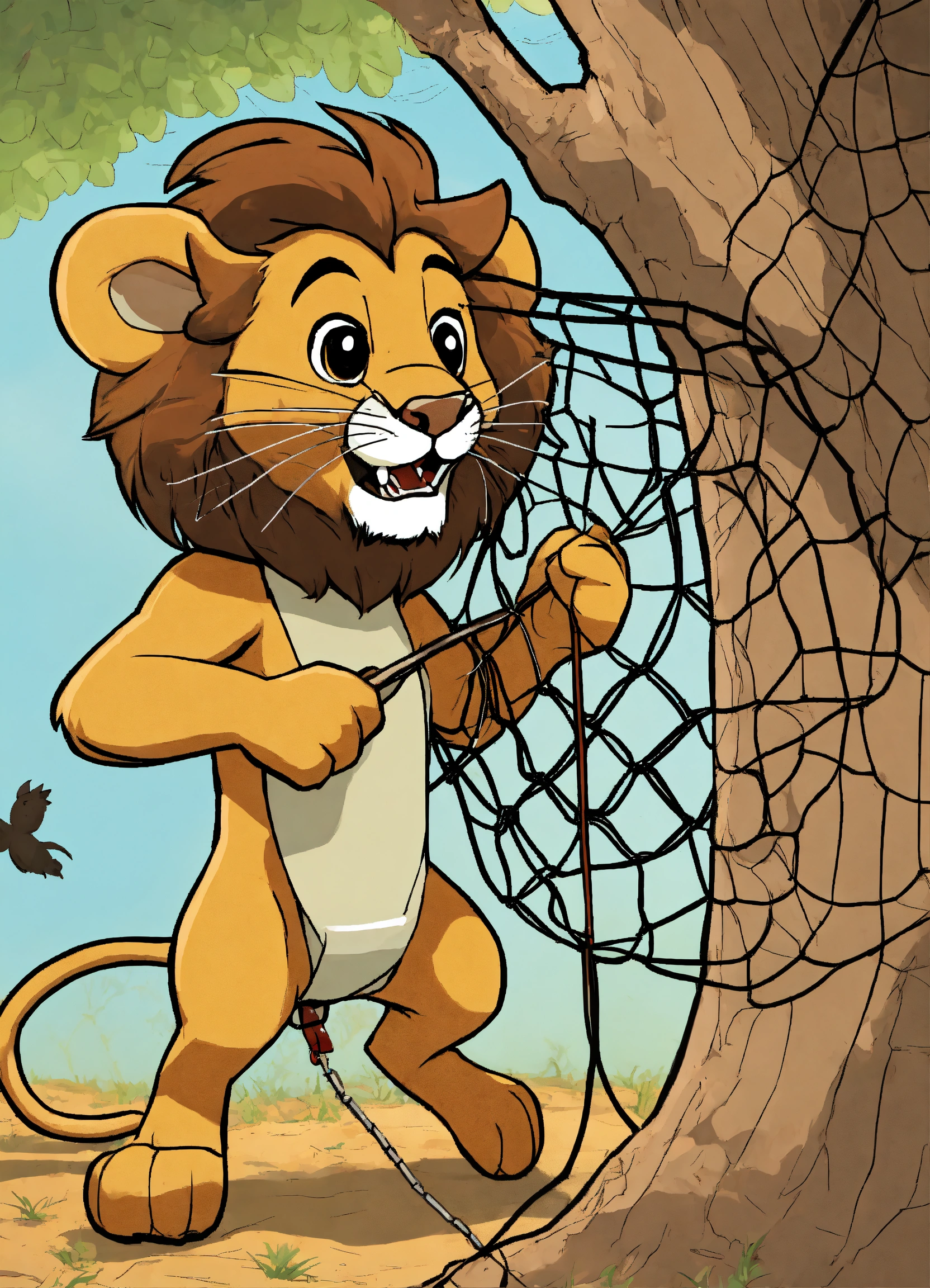 Lexica - Cartoon lion trapped in net hooked to tree by hunter mouse ...