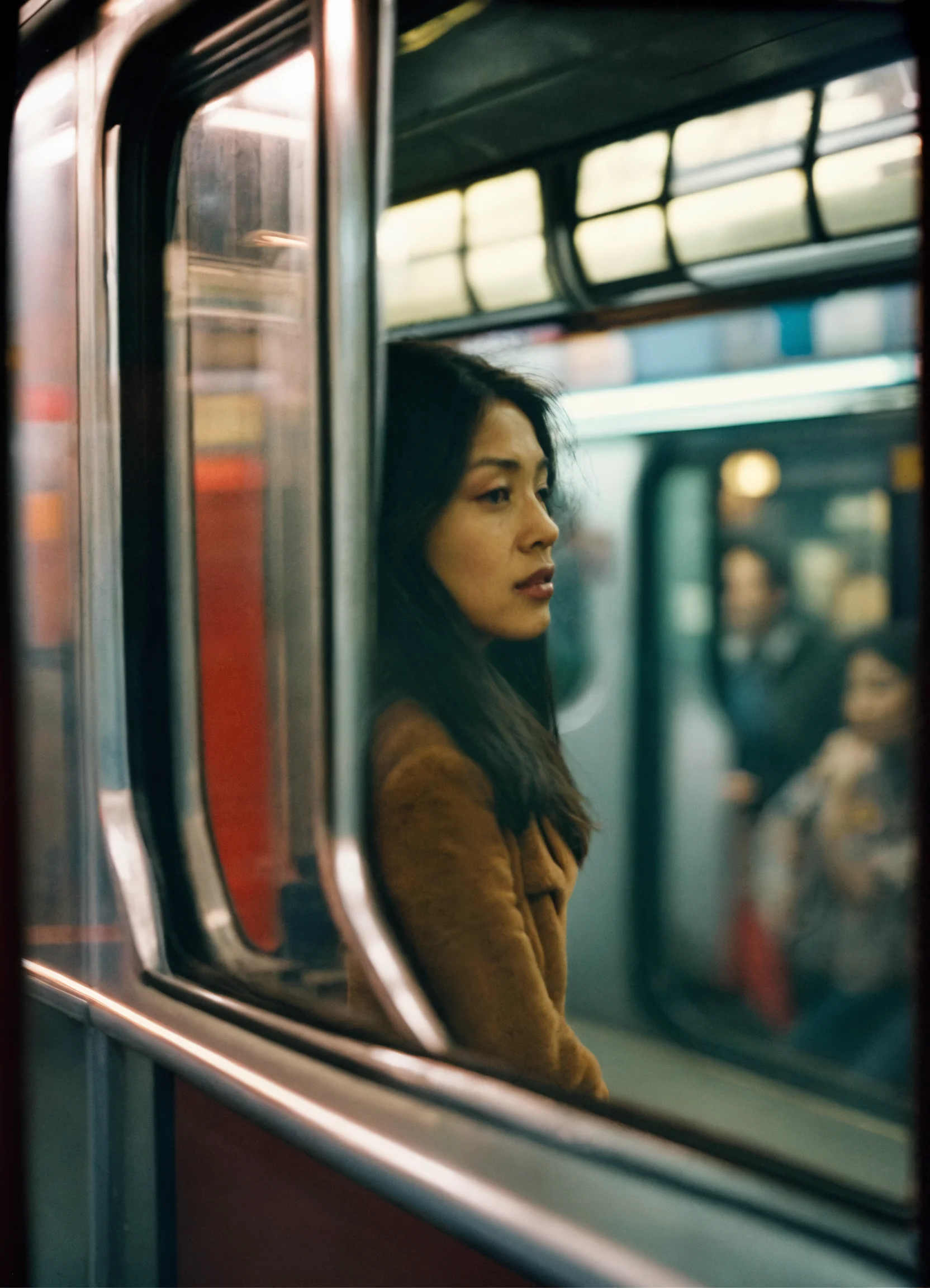 Lexica - Candid 35mm shot capturing a woman through the window of a ...