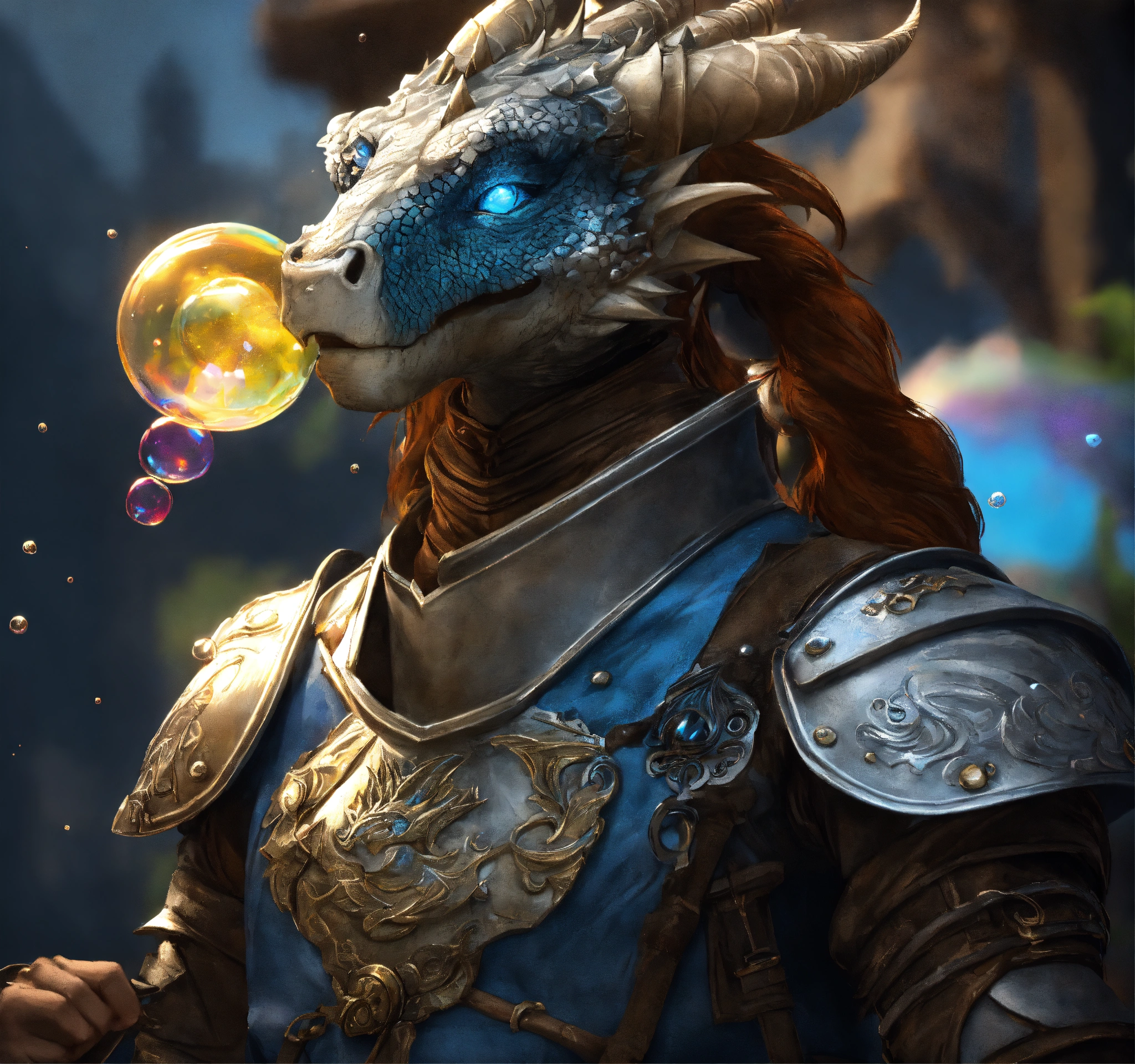 Lexica - A tall, skinny silver dragonborn with blue eyes and an almost ...