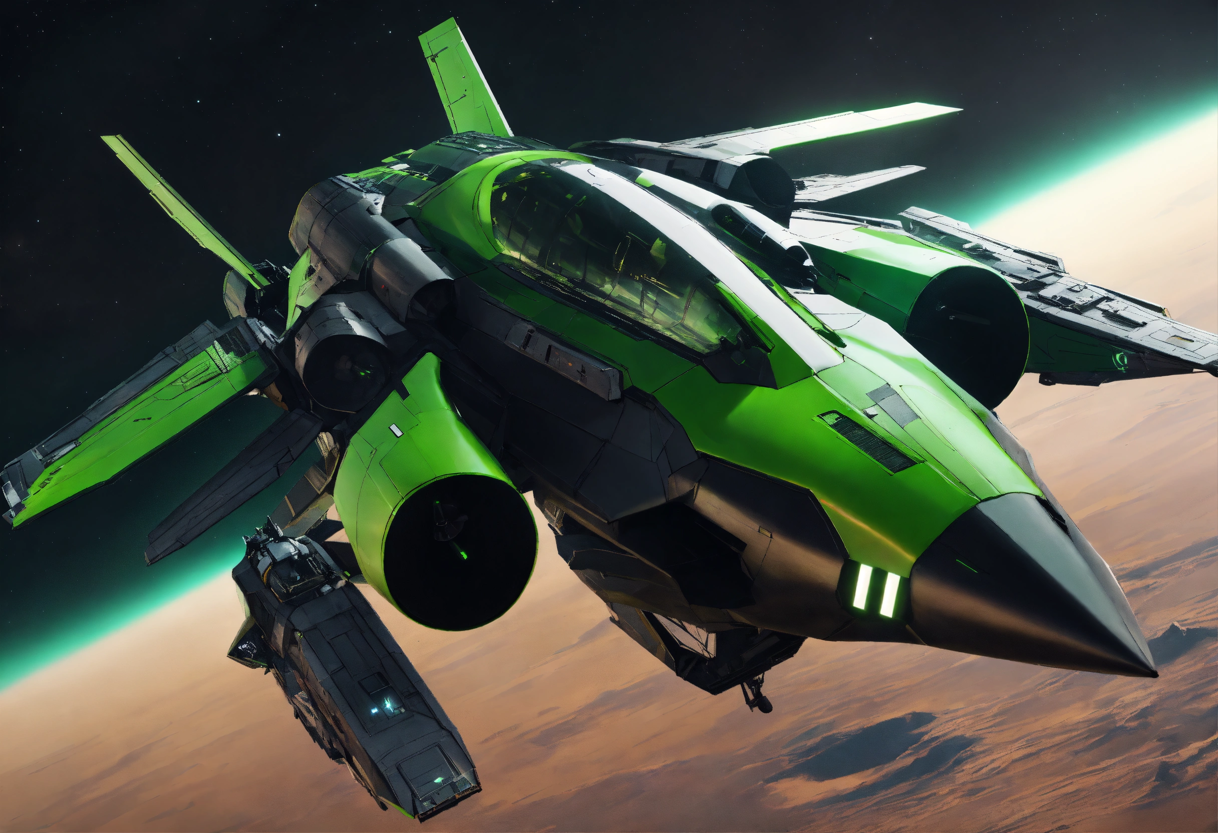 Lexica - Sci fi black and green space fighter aircraft, symmetrical ...