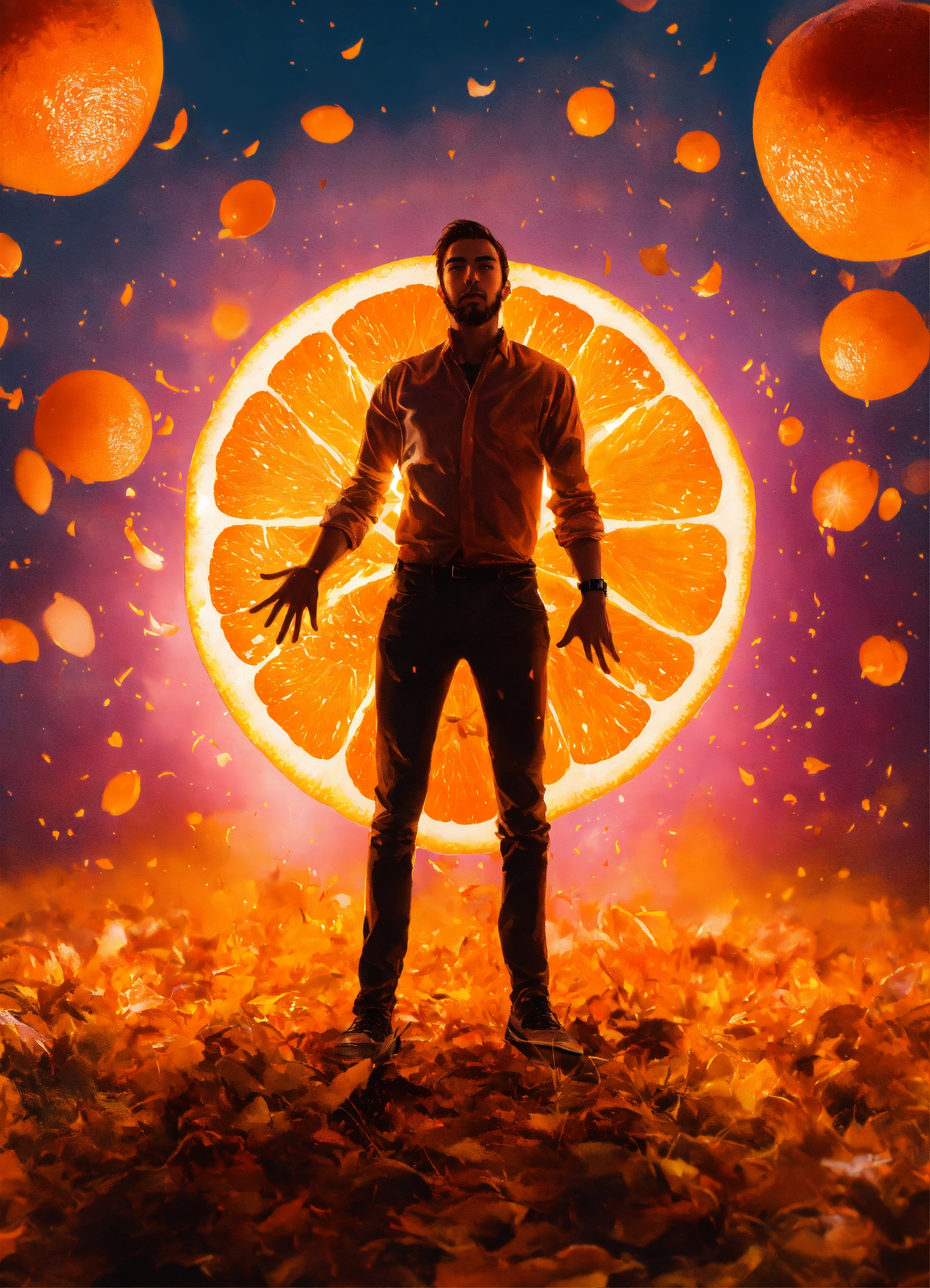 Lexica - Frontal view of a man tossing an orange towards the viewer ...