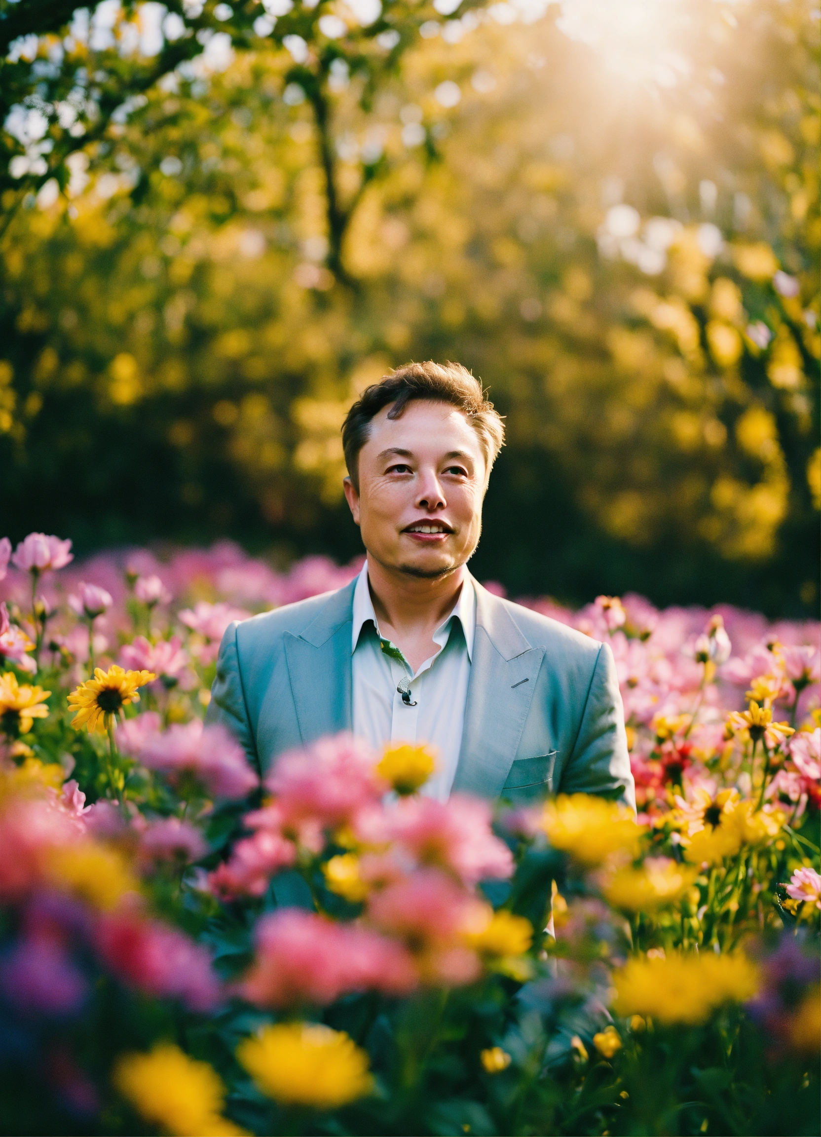 Lexica - Happy Elon Musk standing in a beautiful field of flowers ...