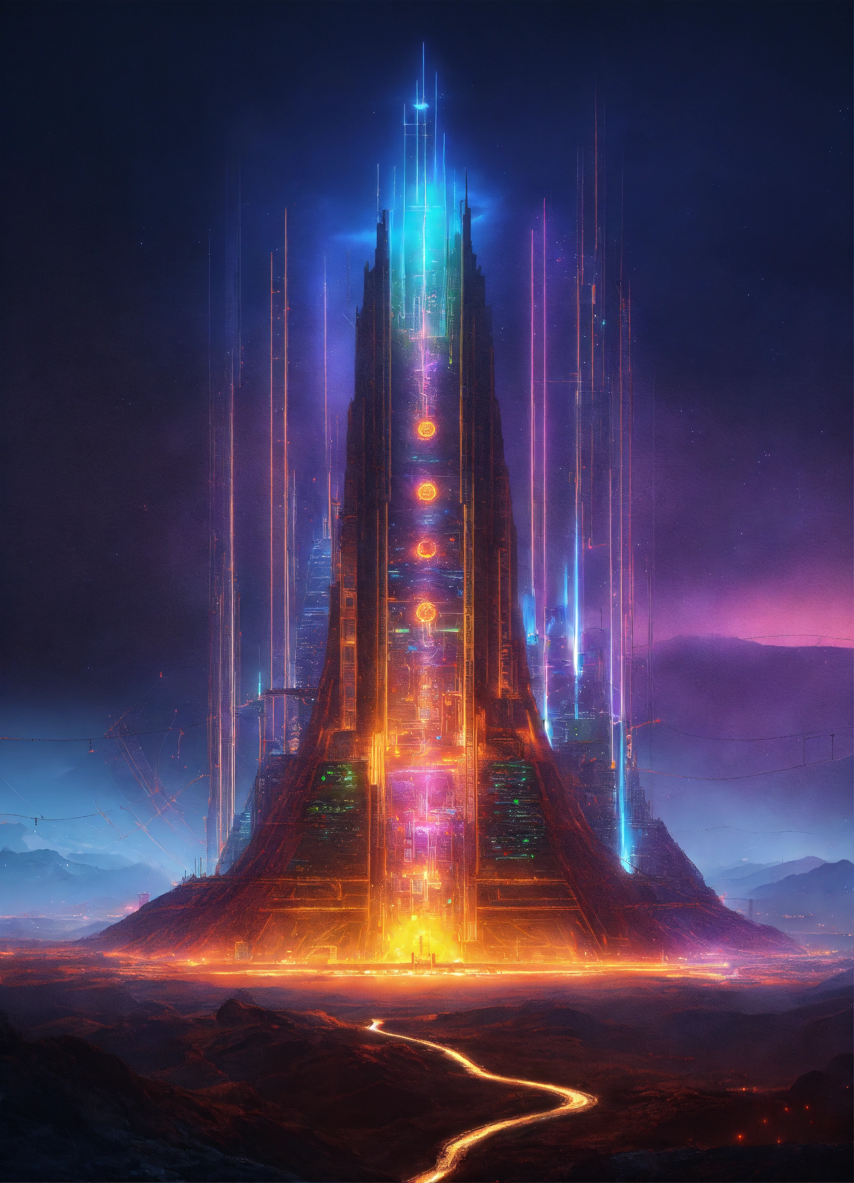 Lexica - Futuristic Tower of Sauron fortress with digital circuit lines ...