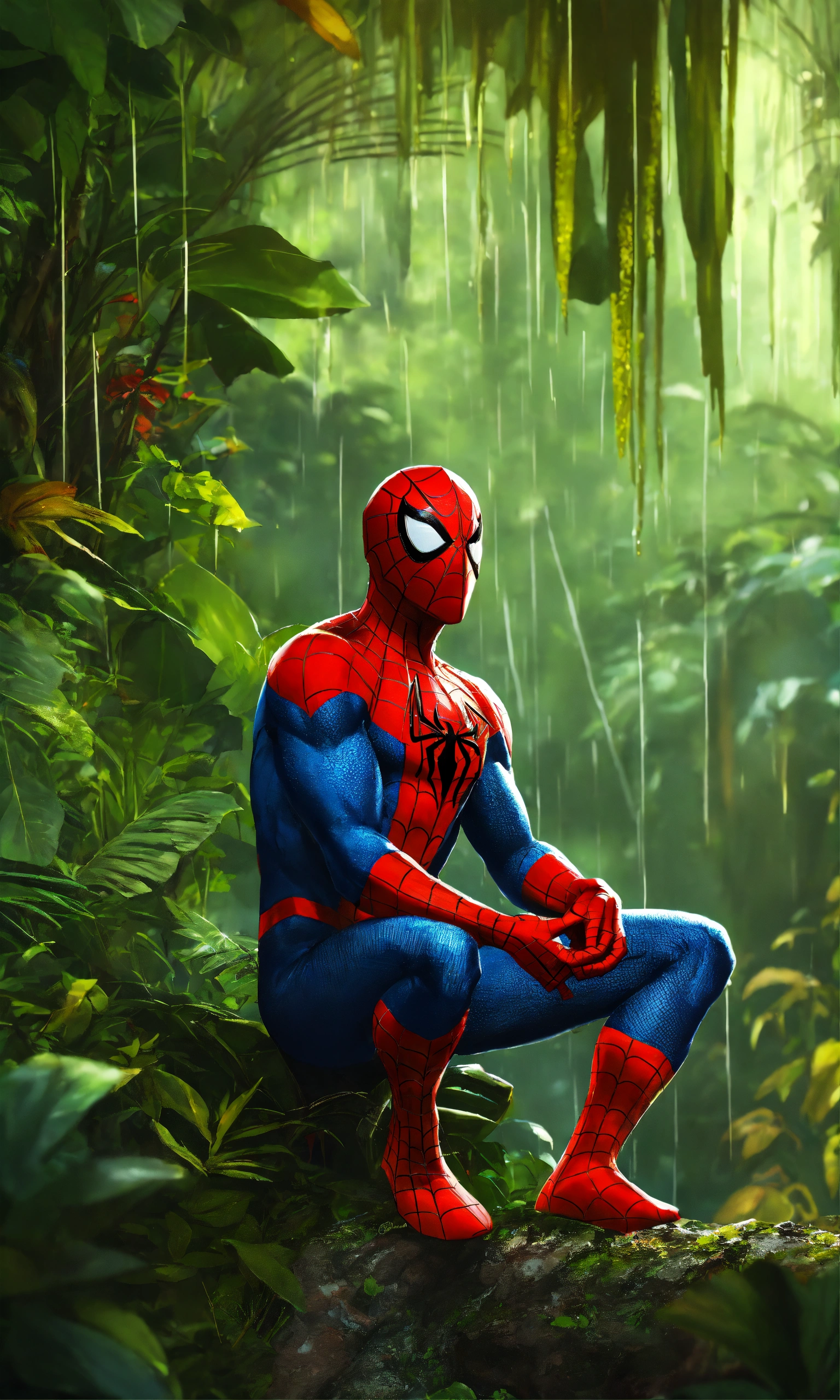 Lexica - Spiderman in the jungle, nature background, 2D render, sitting ...