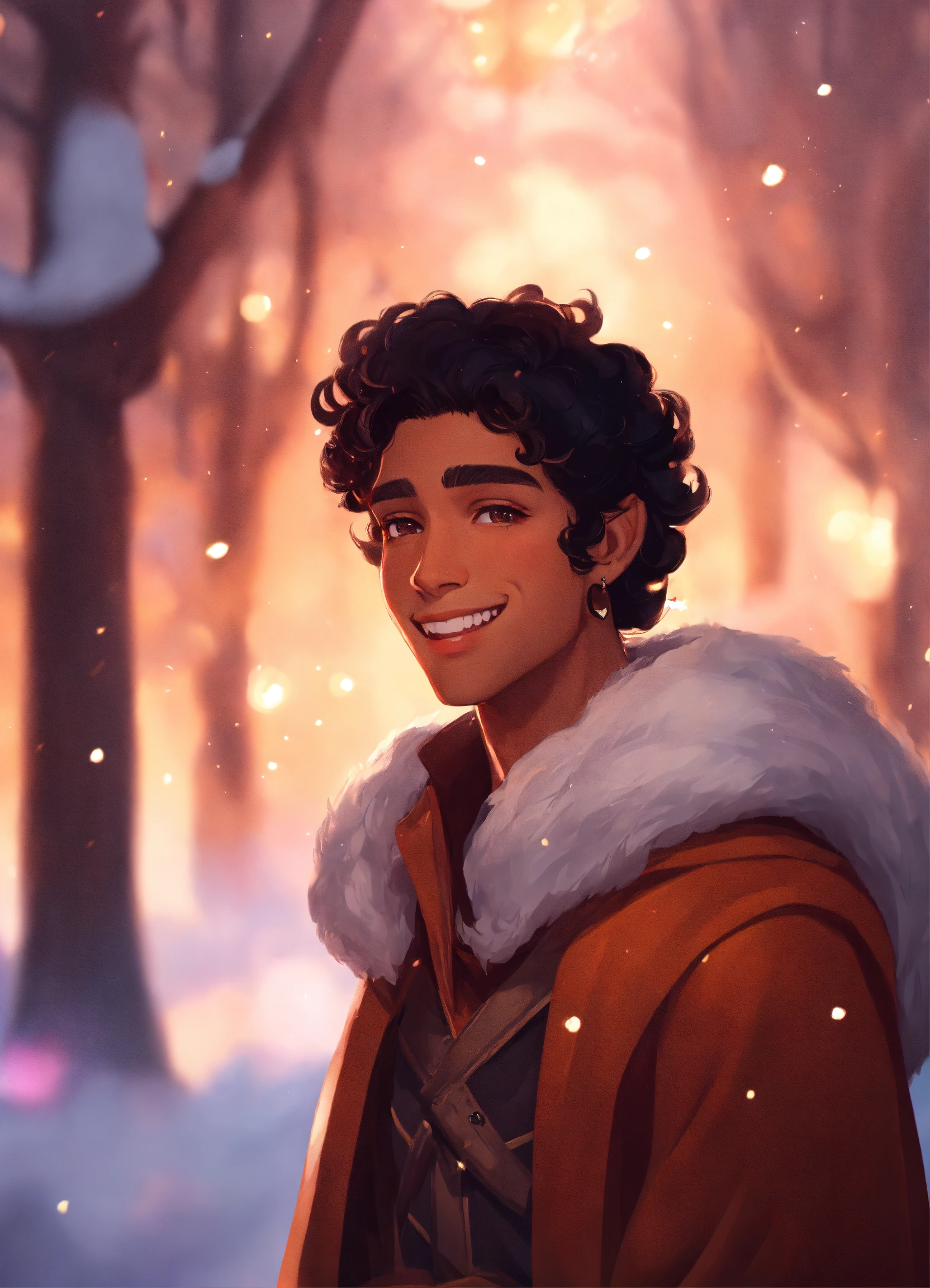 Lexica - 25 year old elf man, curly black hair, tan skin, hazel eyes ...