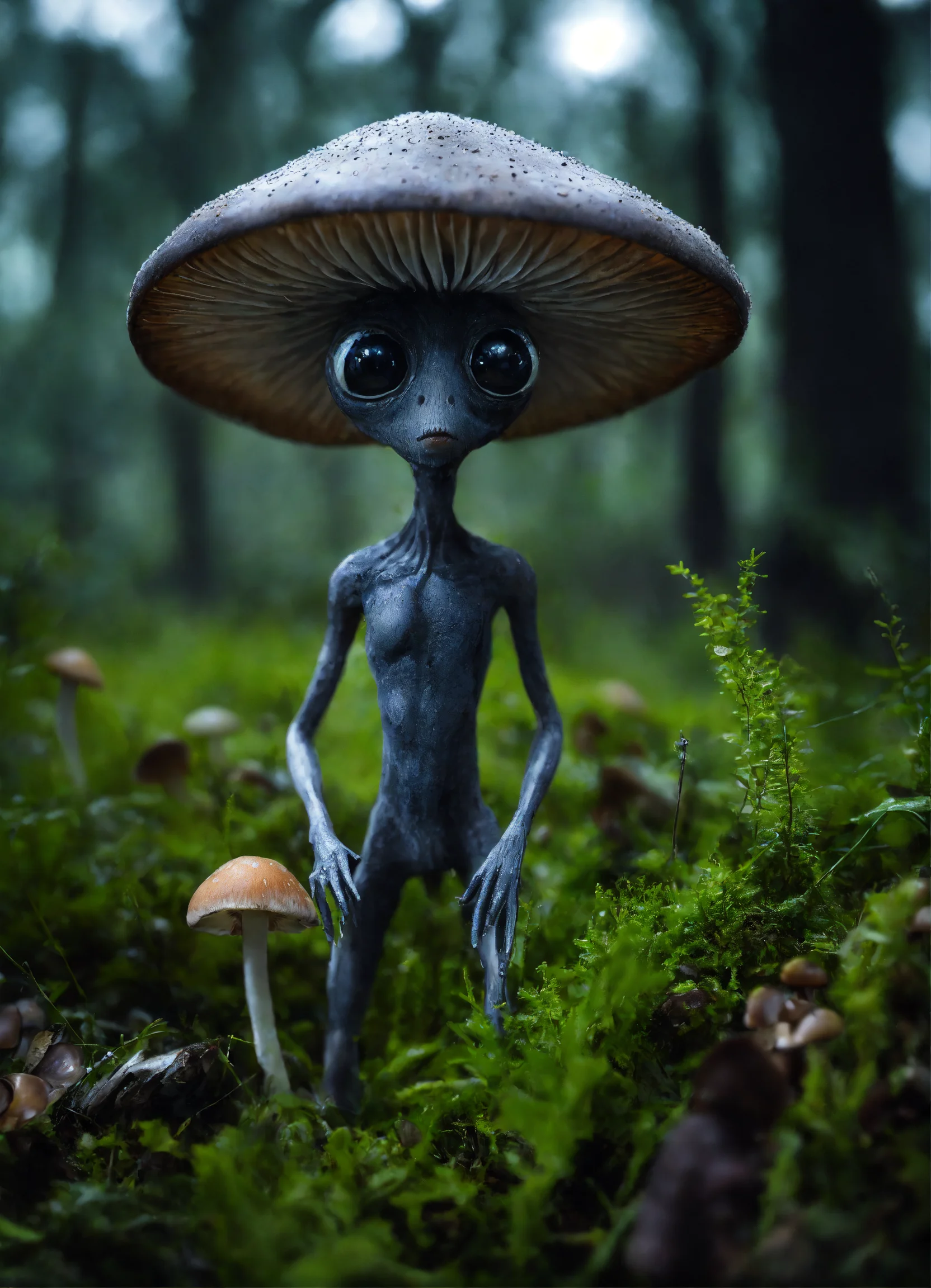Lexica - A grey alien , big eyes blacks , mushrooms, grass, nigth ...