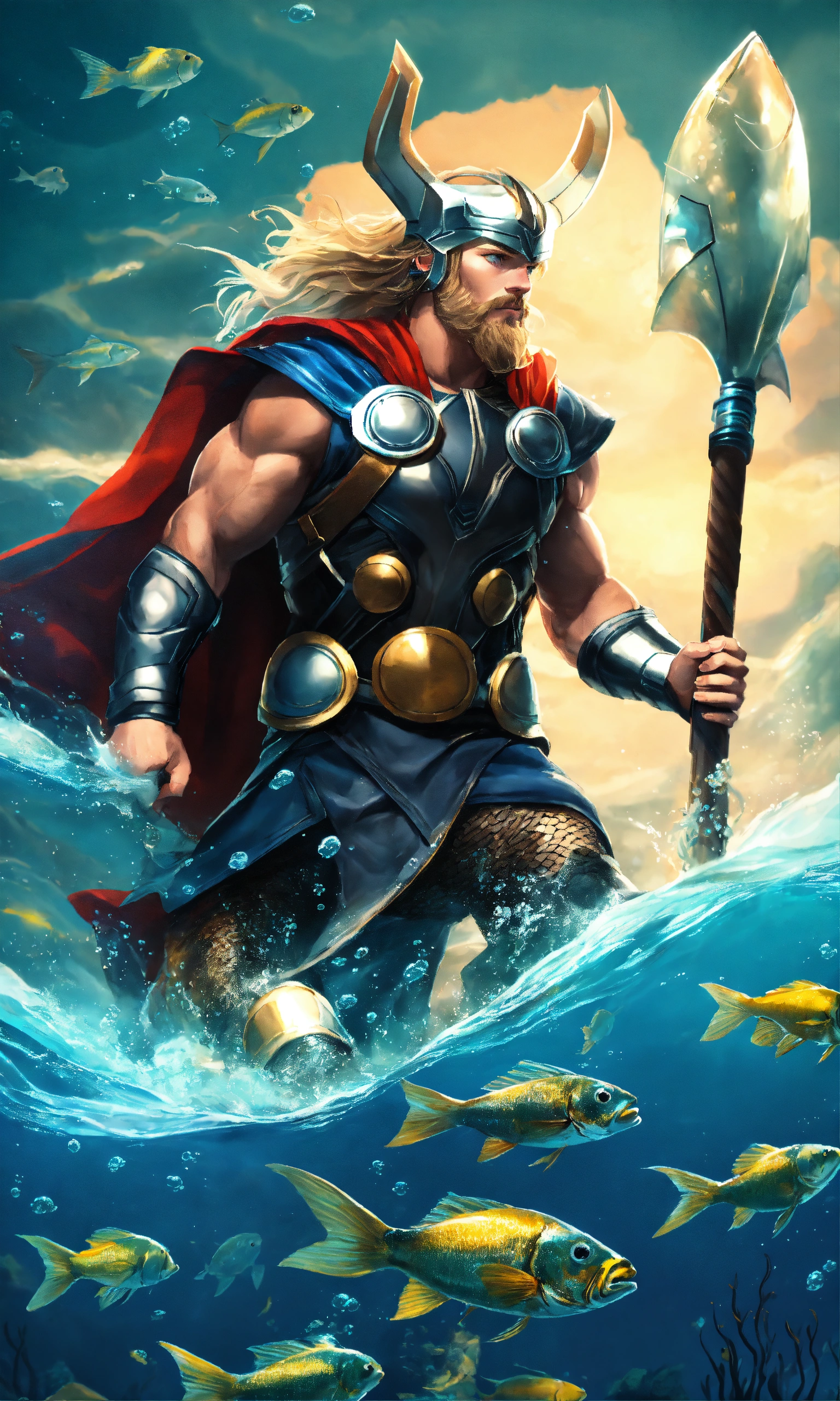 Lexica - Thor with fish underwater in the ocean, nature background, 2D ...