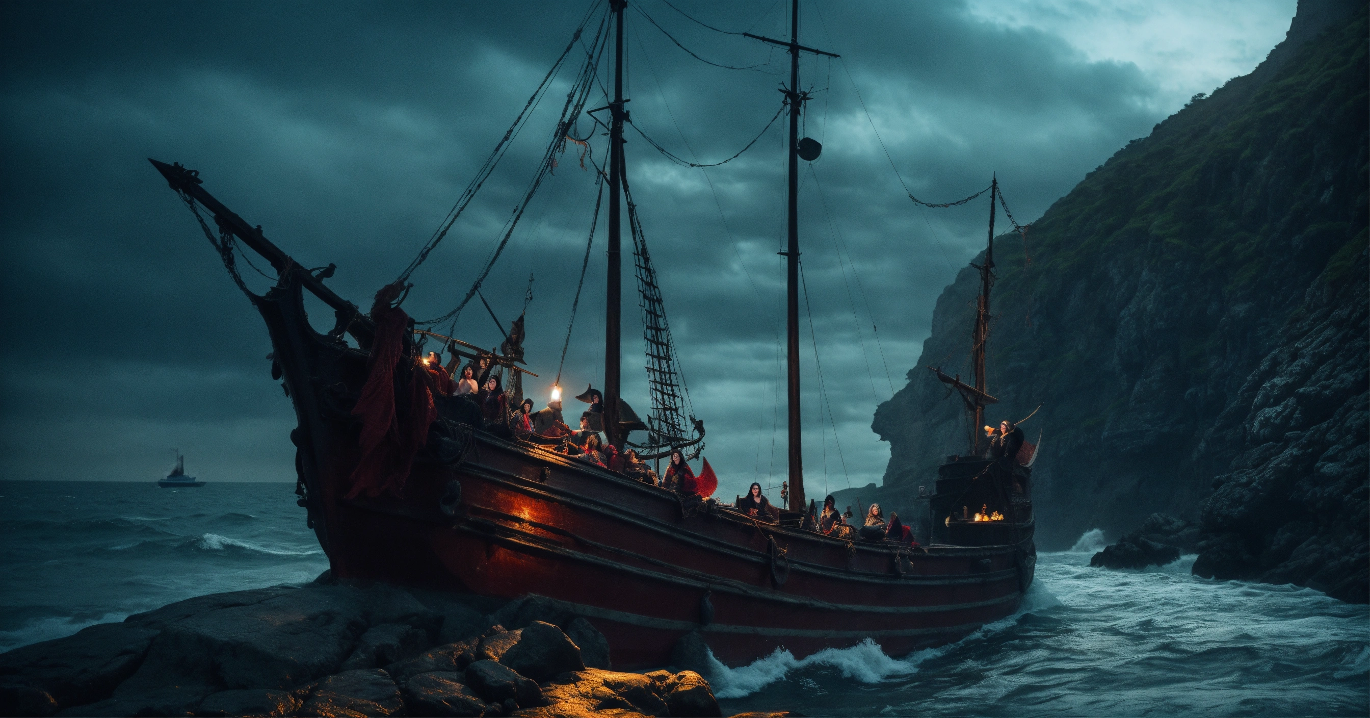 Lexica - Create a 4k detailed photo of two evil sirens singing at a ship. dramatic lighting ...