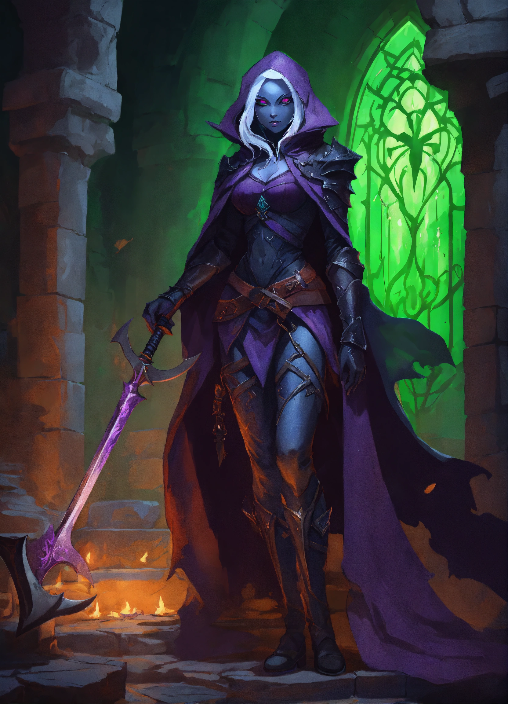 Lexica - Shadow dark female drow, green glowing eyes, with dark purple ...