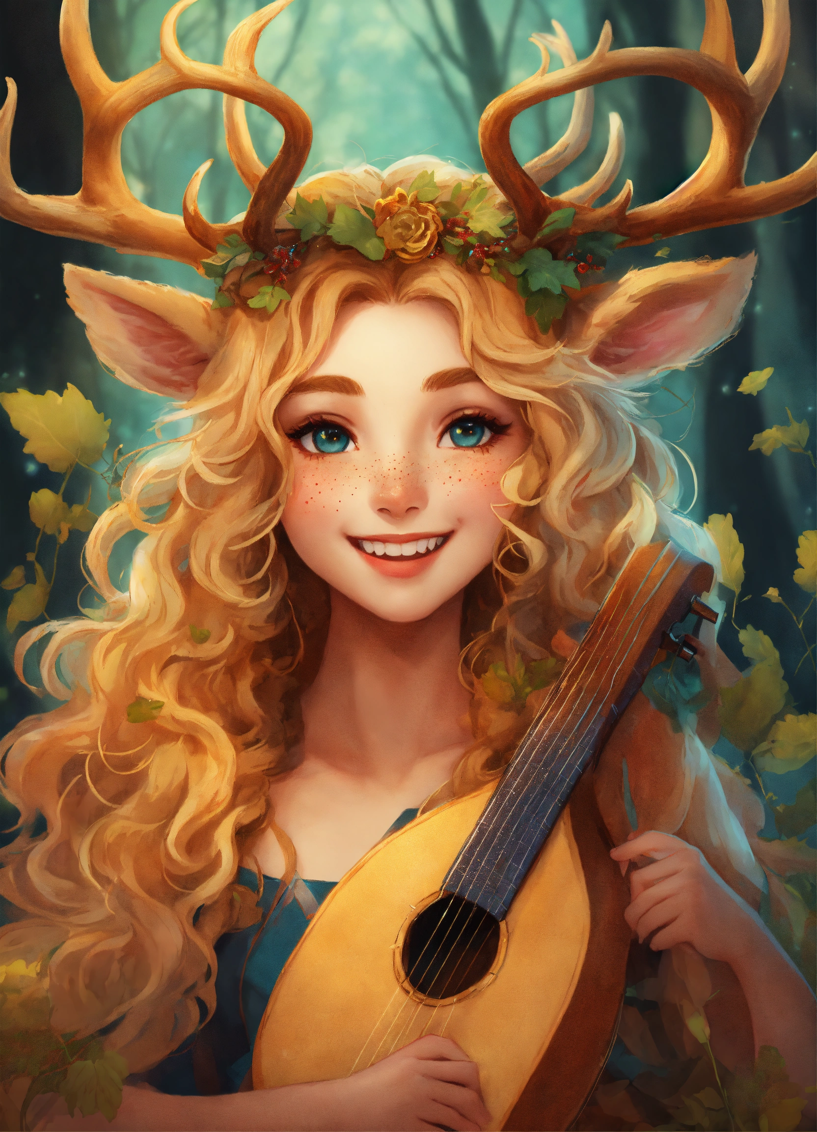 Lexica - Faun girl, long blond wild curly hair, smile, antlers, deer ...