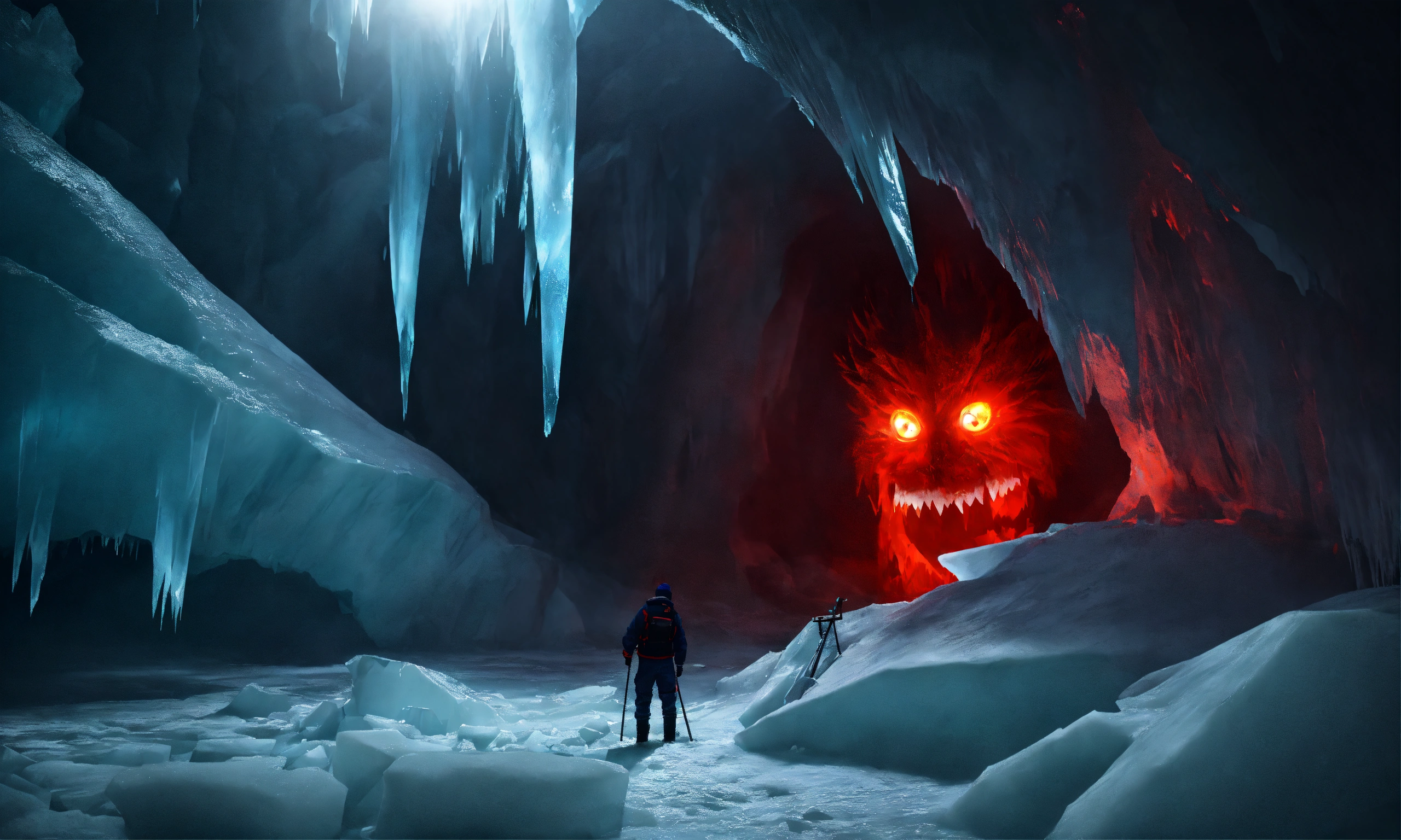 Lexica - A man in deep crack in the ice below see a glowing red eyes of ...