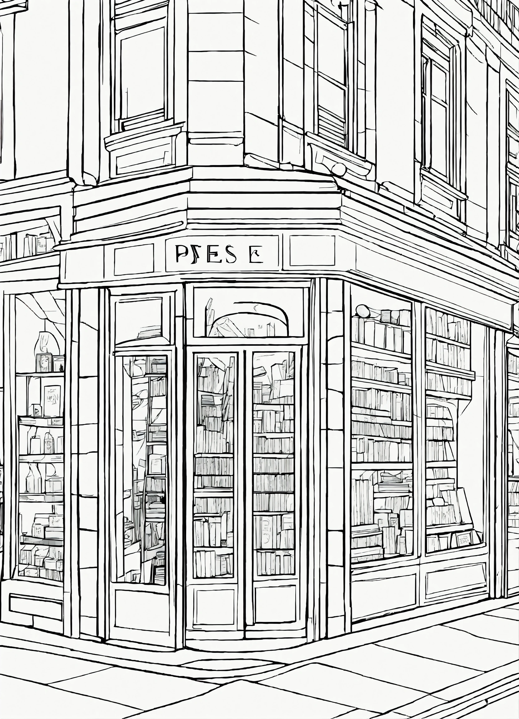 Lexica - A coloring page of paris, book shop interior, (masterpiece ...