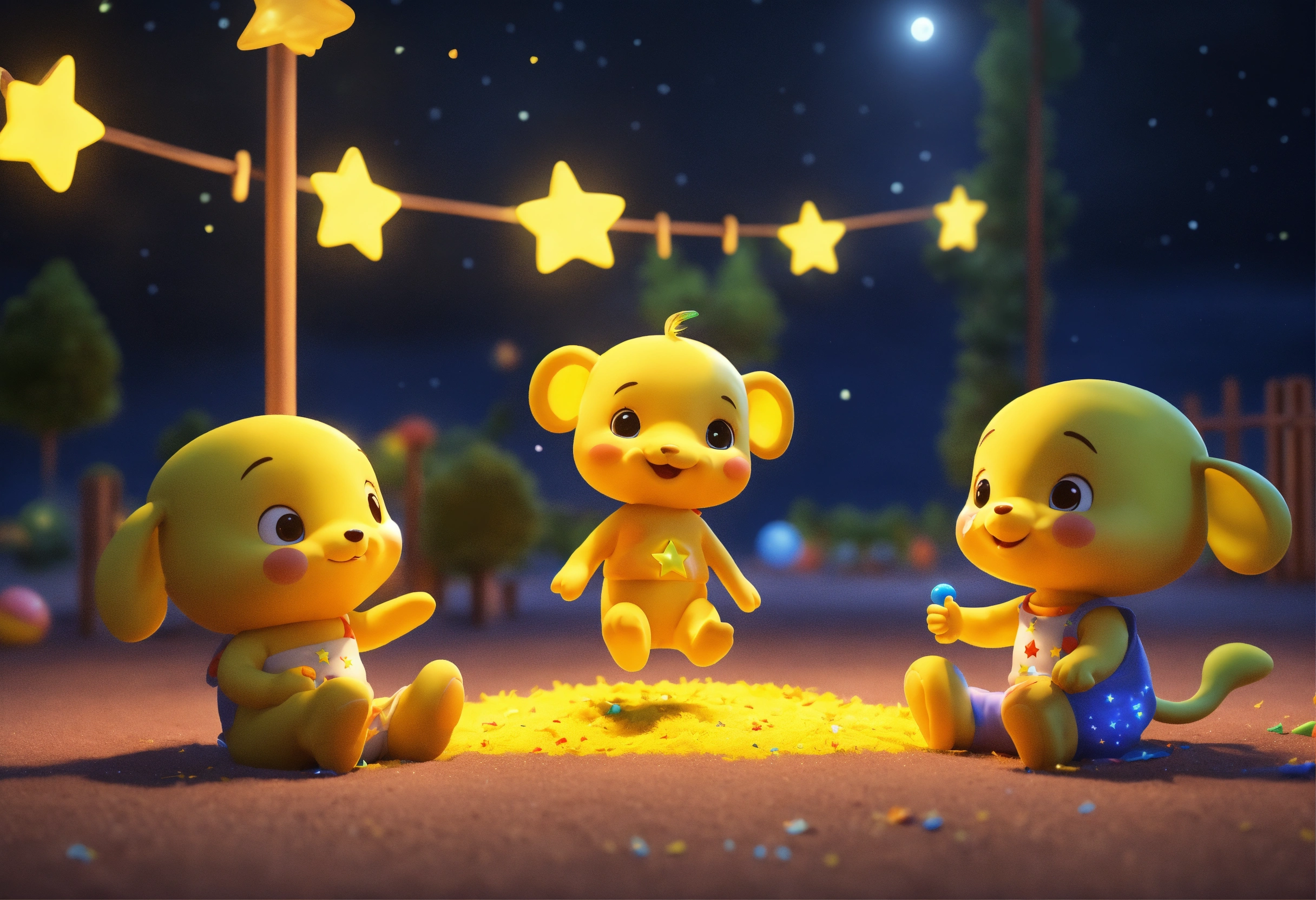 Lexica - On a bright night, Three sweet babies are playing in the playground.The little yellow ...