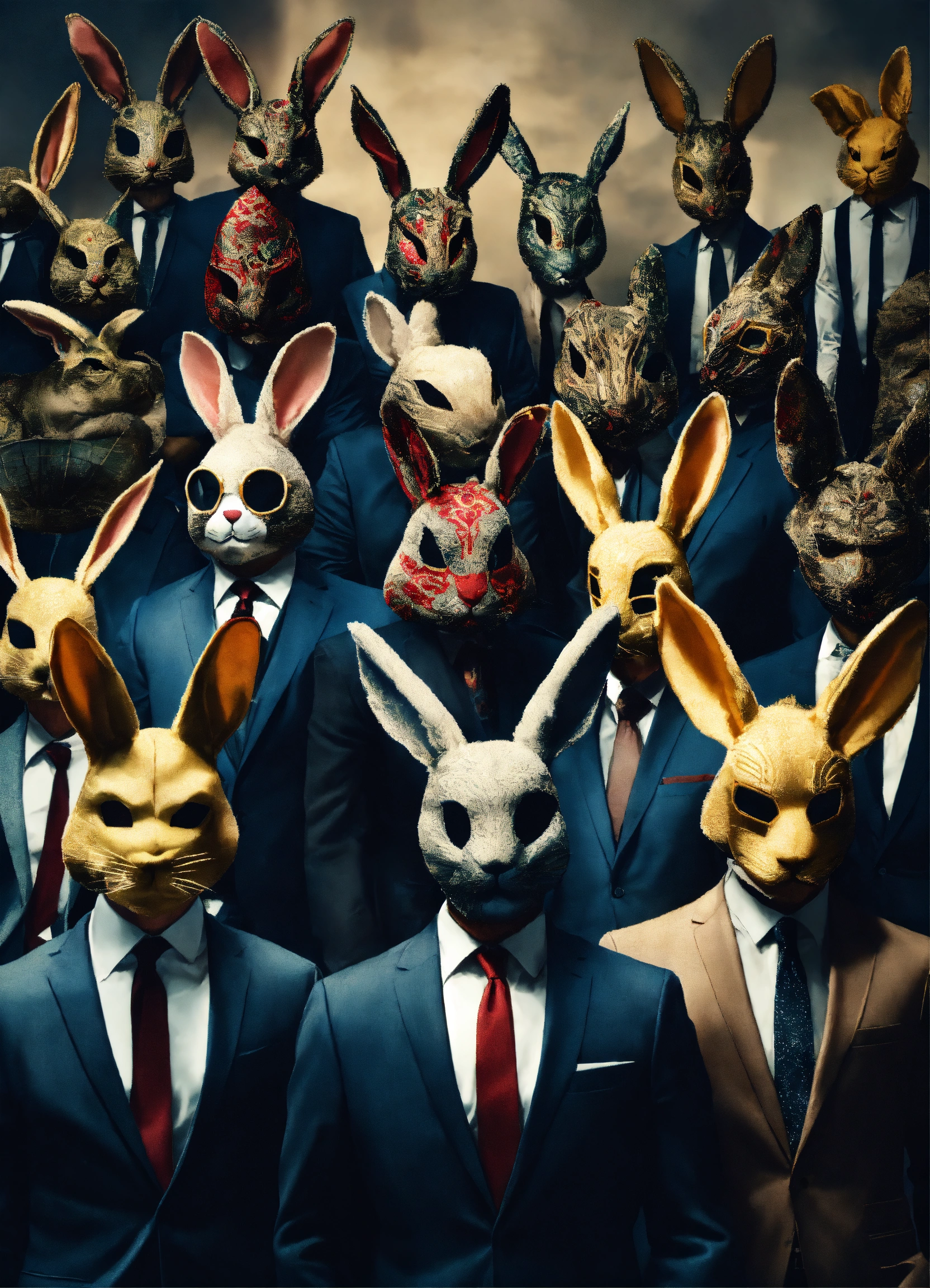 Lexica - A line of people in business suits wearing ominous rabbit ...