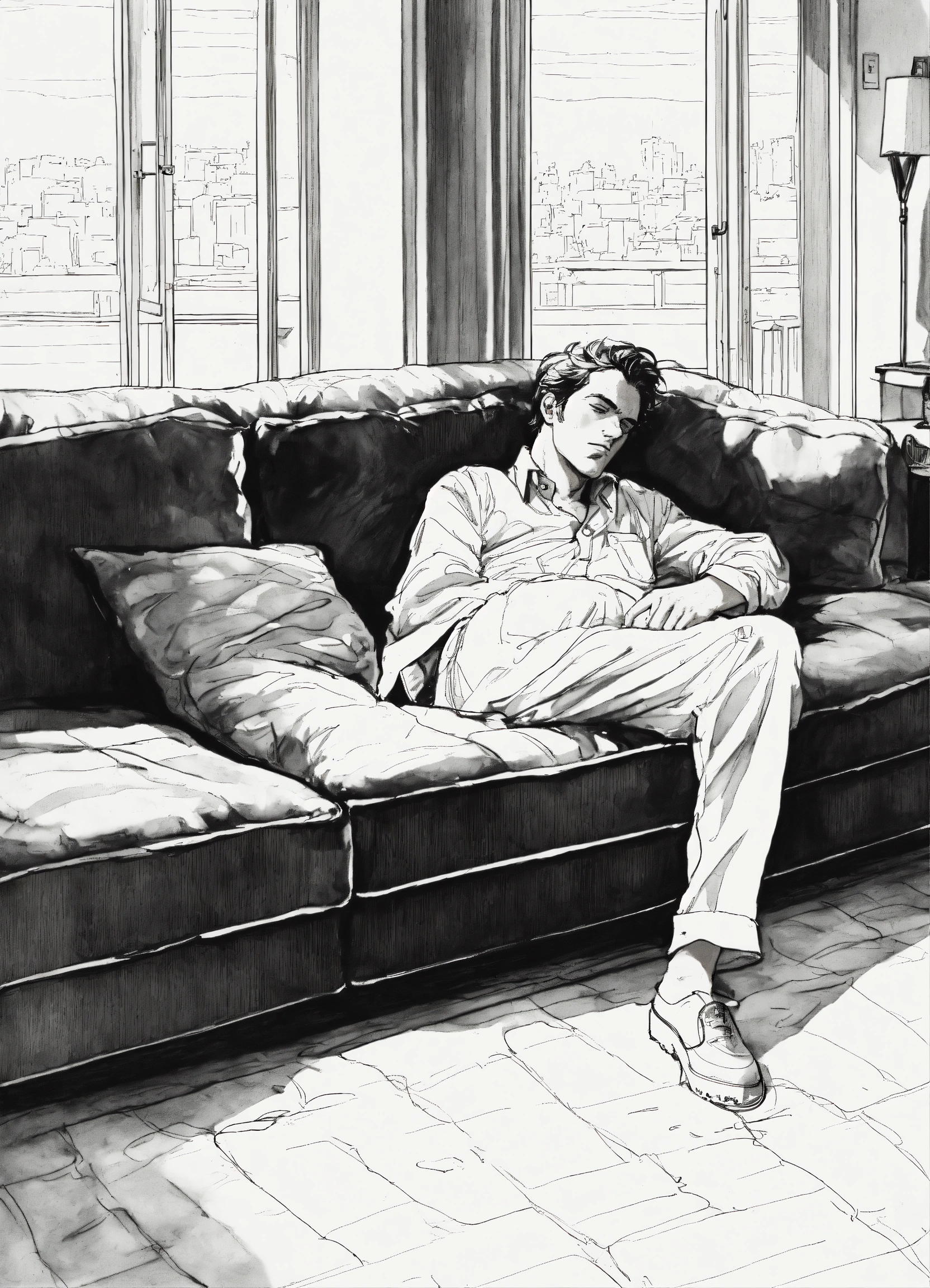 Lexica - A black and white line drawing, Milo Manara style, of a bored ...