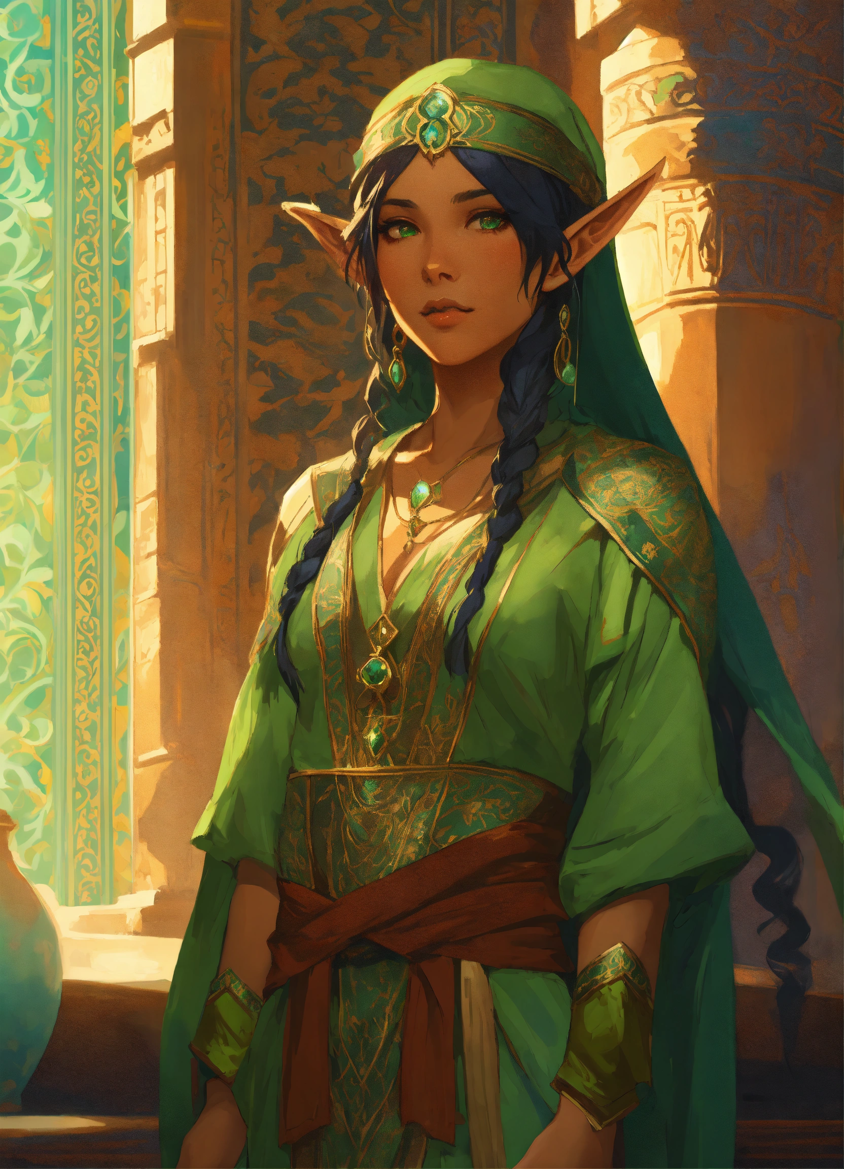Lexica - Female elf timurid sorcerer, Turkish, green eyes, tan skin ...