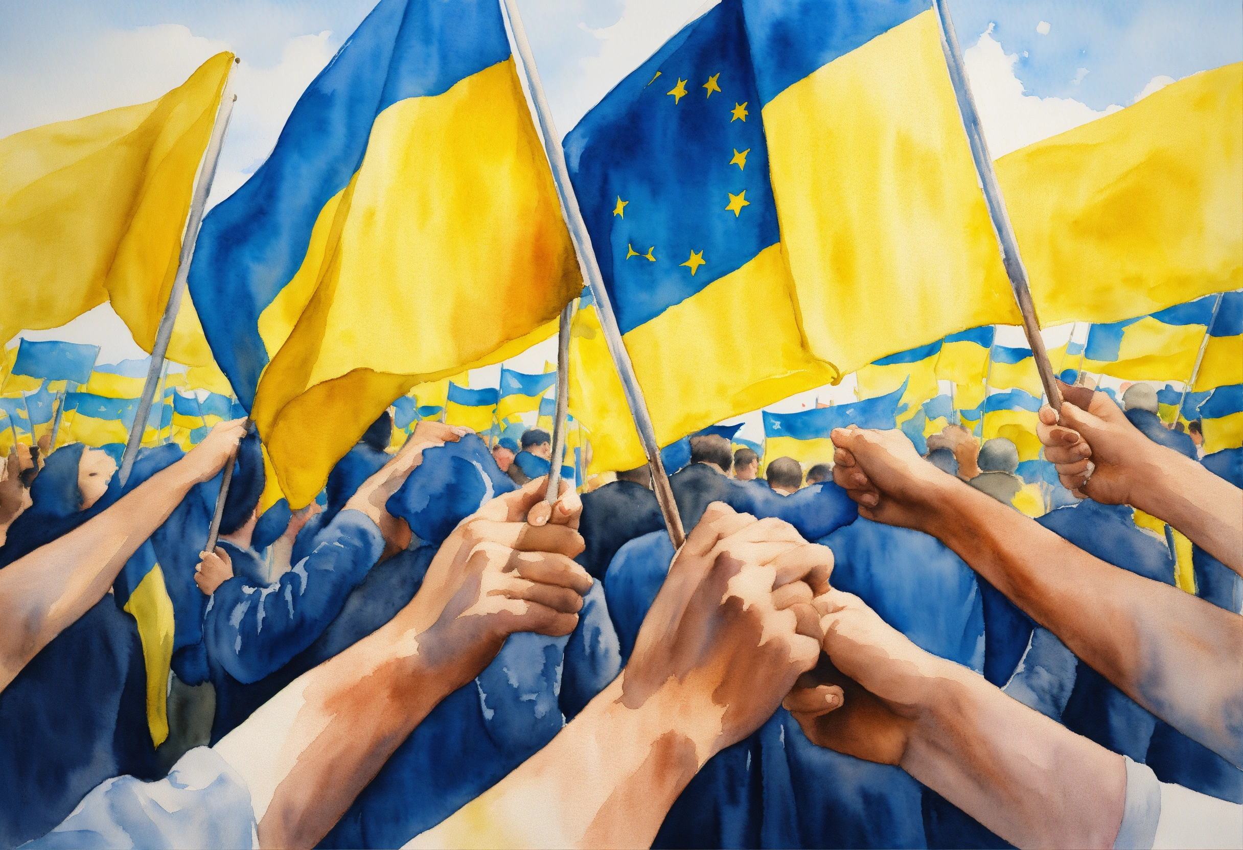 Lexica - Watercolour painting with hands holding flags of Ukraine ...