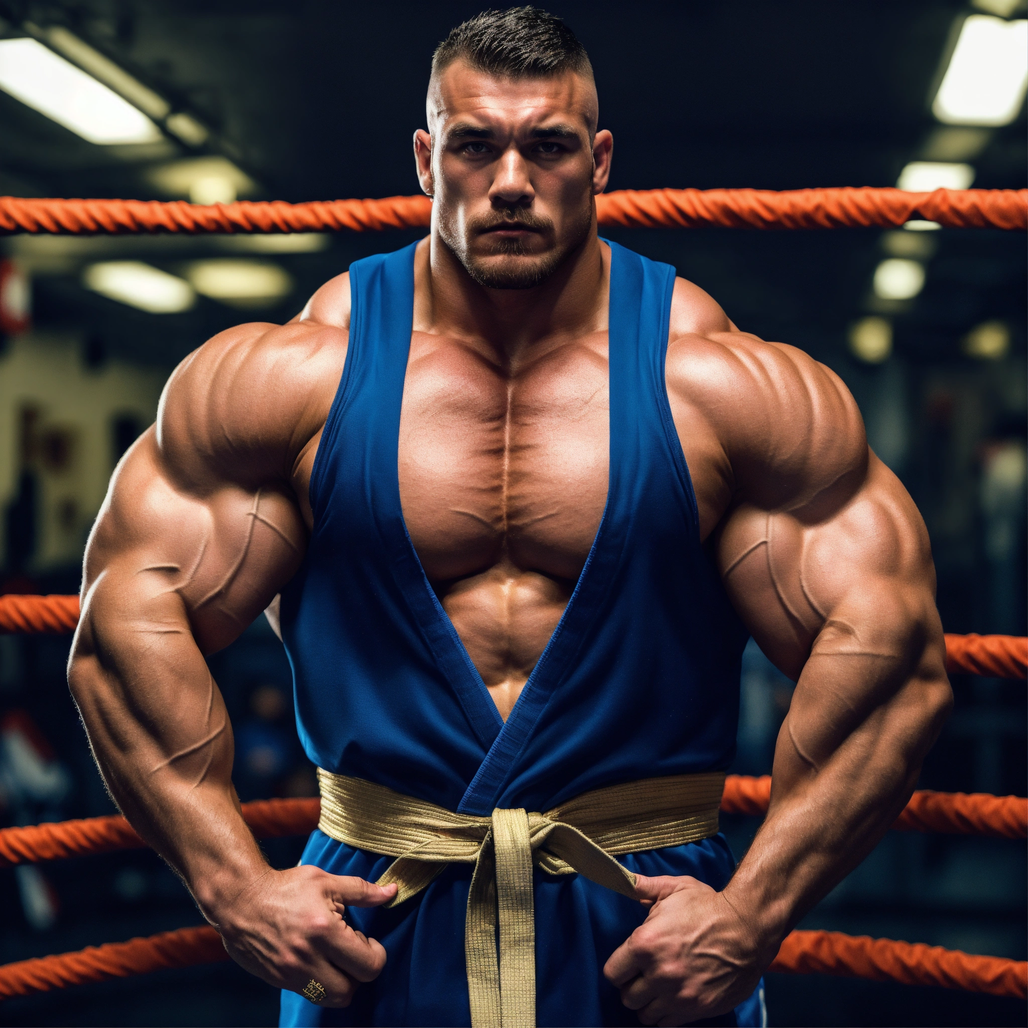 Lexica - 30-year-old wrestler with big muscles in a dojo, bodybuilder, big, martial artist, Vega ...