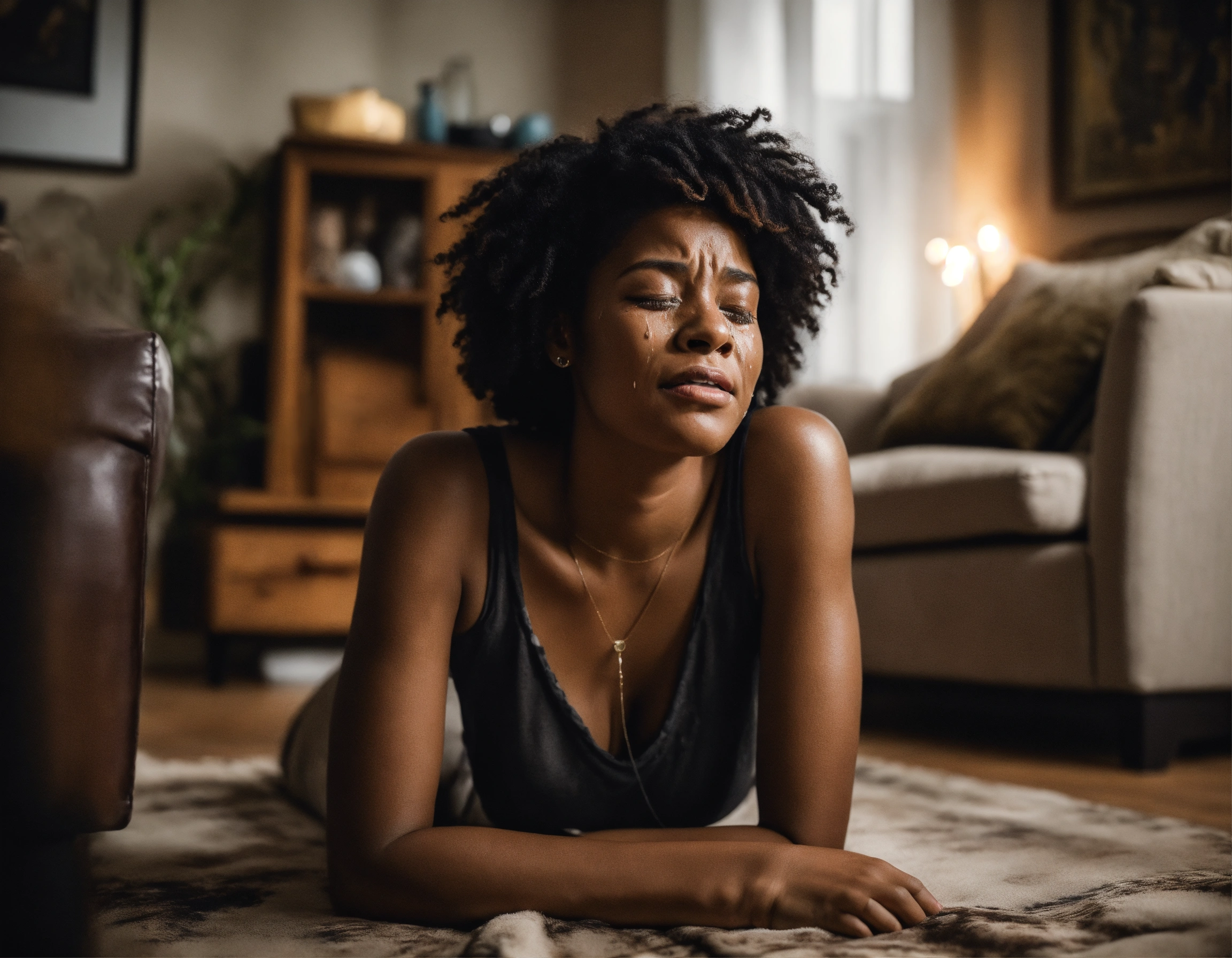 Lexica - Gorgeous black woman crying in her living room, nice house ...