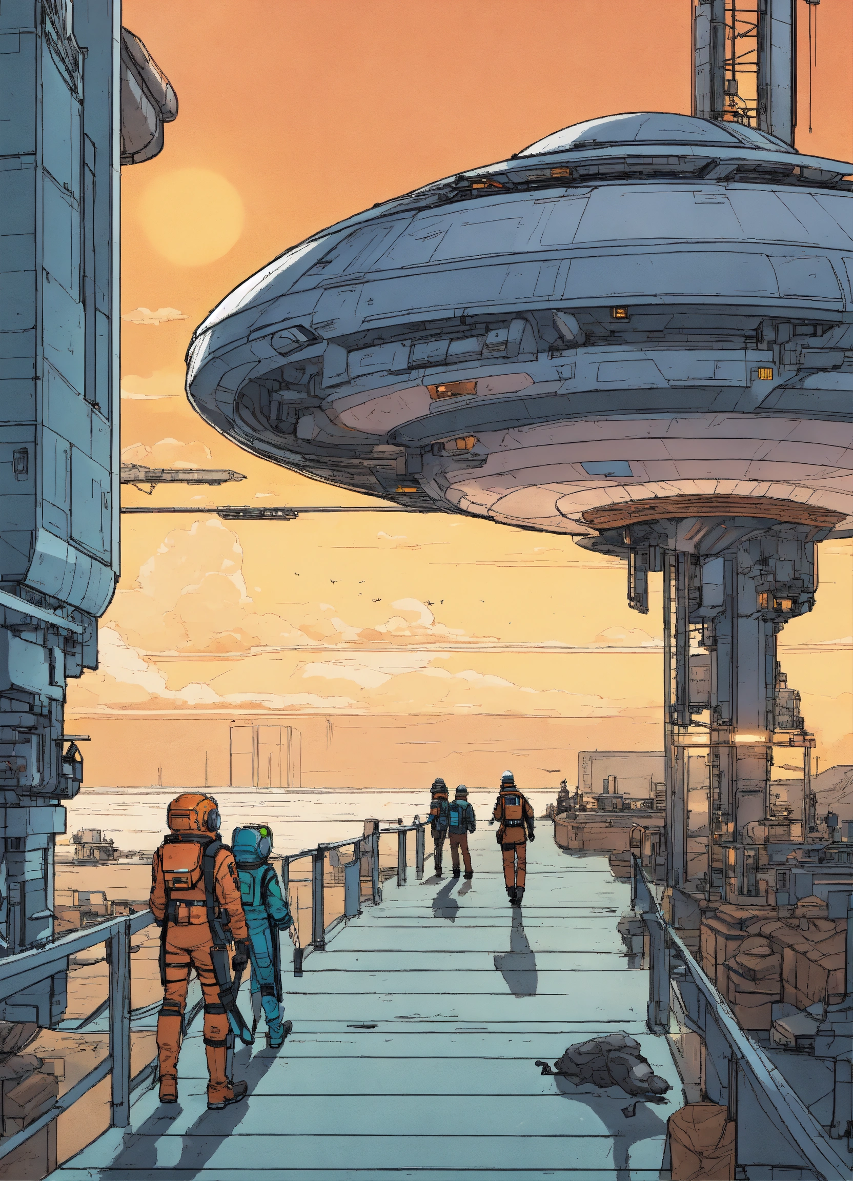 Lexica - A large open futuristic dock for spaceships. People walking ...