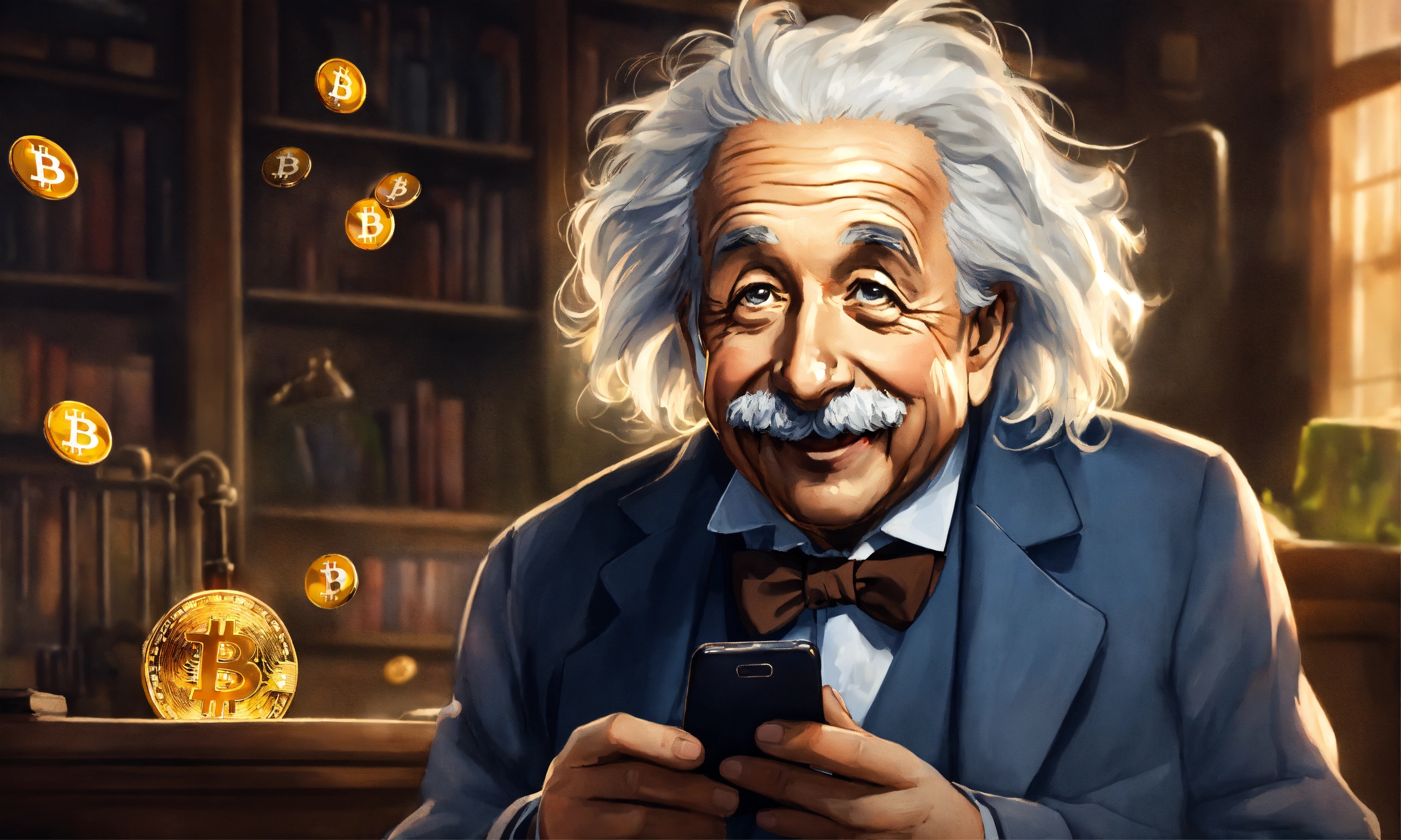 Lexica - Albert Einstein smiles. with a mobile phone and bitcoin in hands