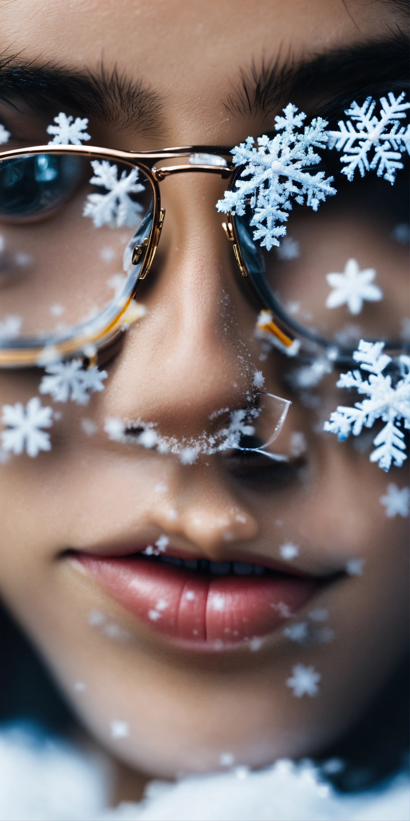 Lexica - Close up of a person wearing glasses snow flakes on nose and ...