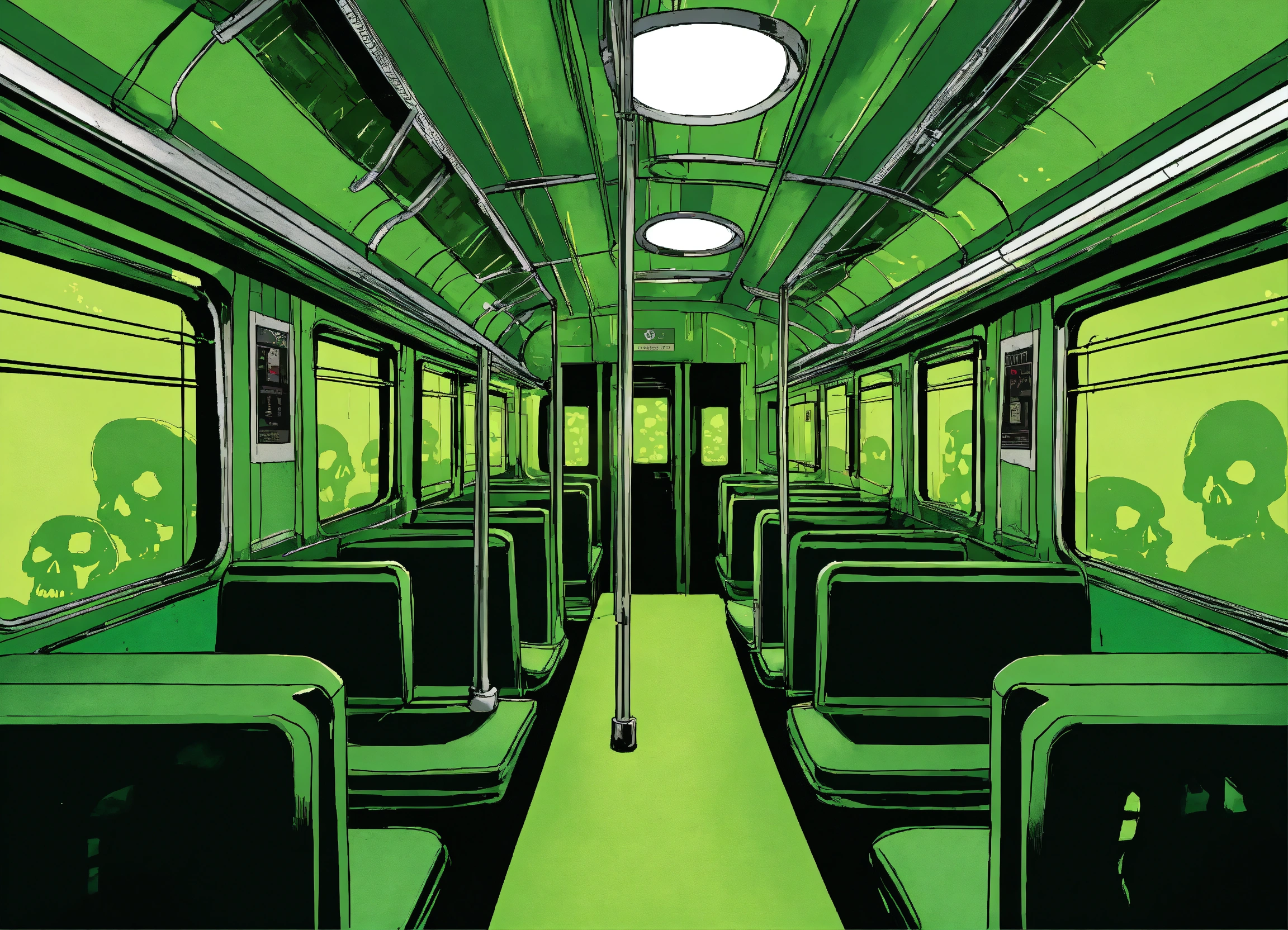 Lexica - Create a comic cartoon poster depicting an eerie subway ride ...