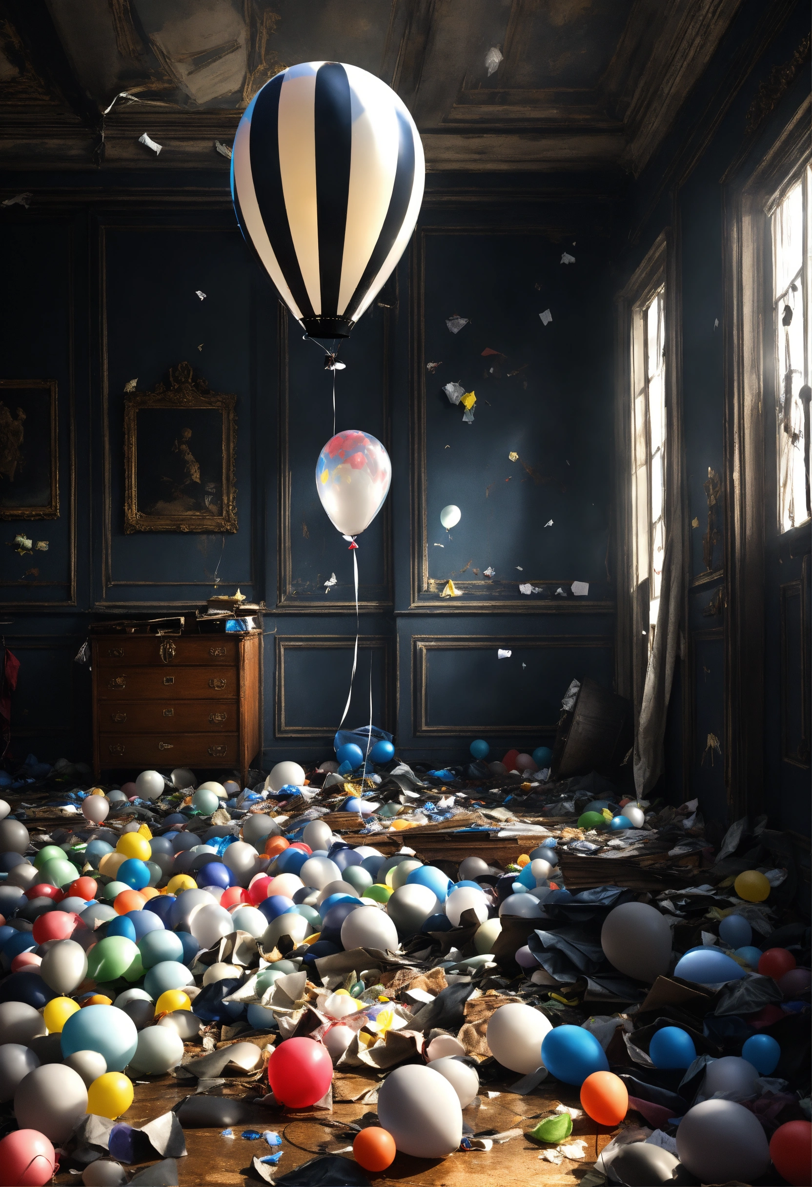 Lexica - A black and white striped balloon is hanging in the air, there ...