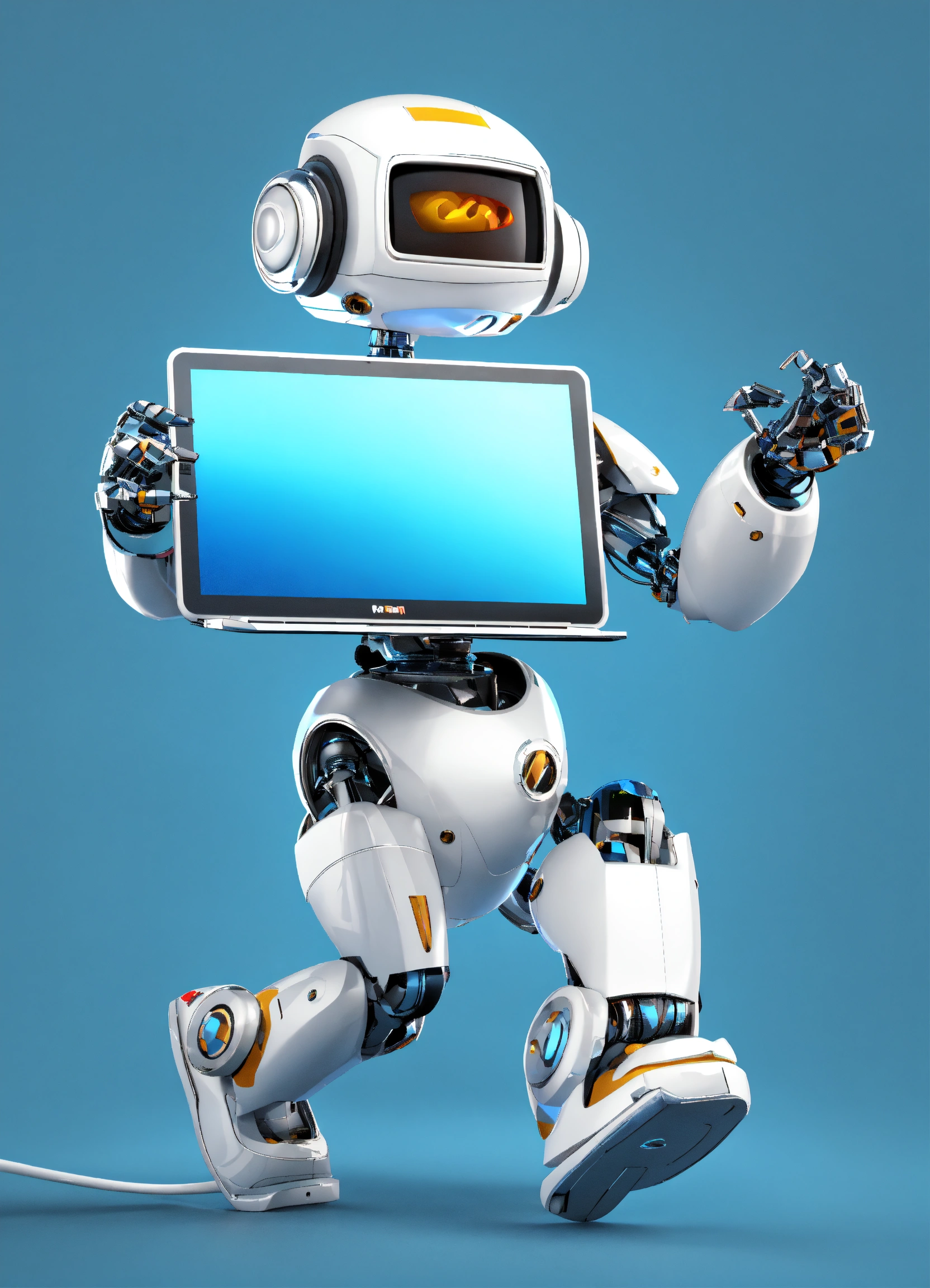 Lexica - Fun, champion robot, 3d mascot, screaming, hold laptop