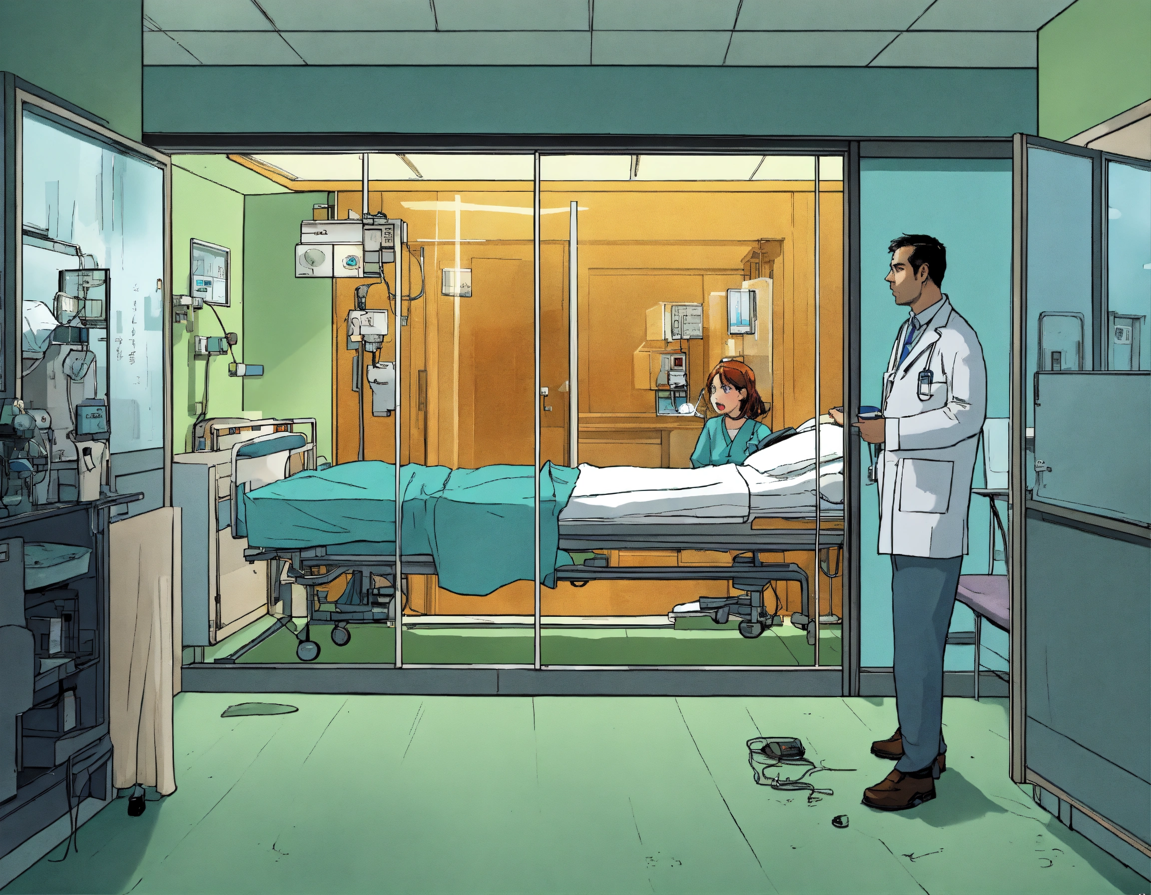 Lexica - Comic Show me a hospital room with a couple of people behind a ...
